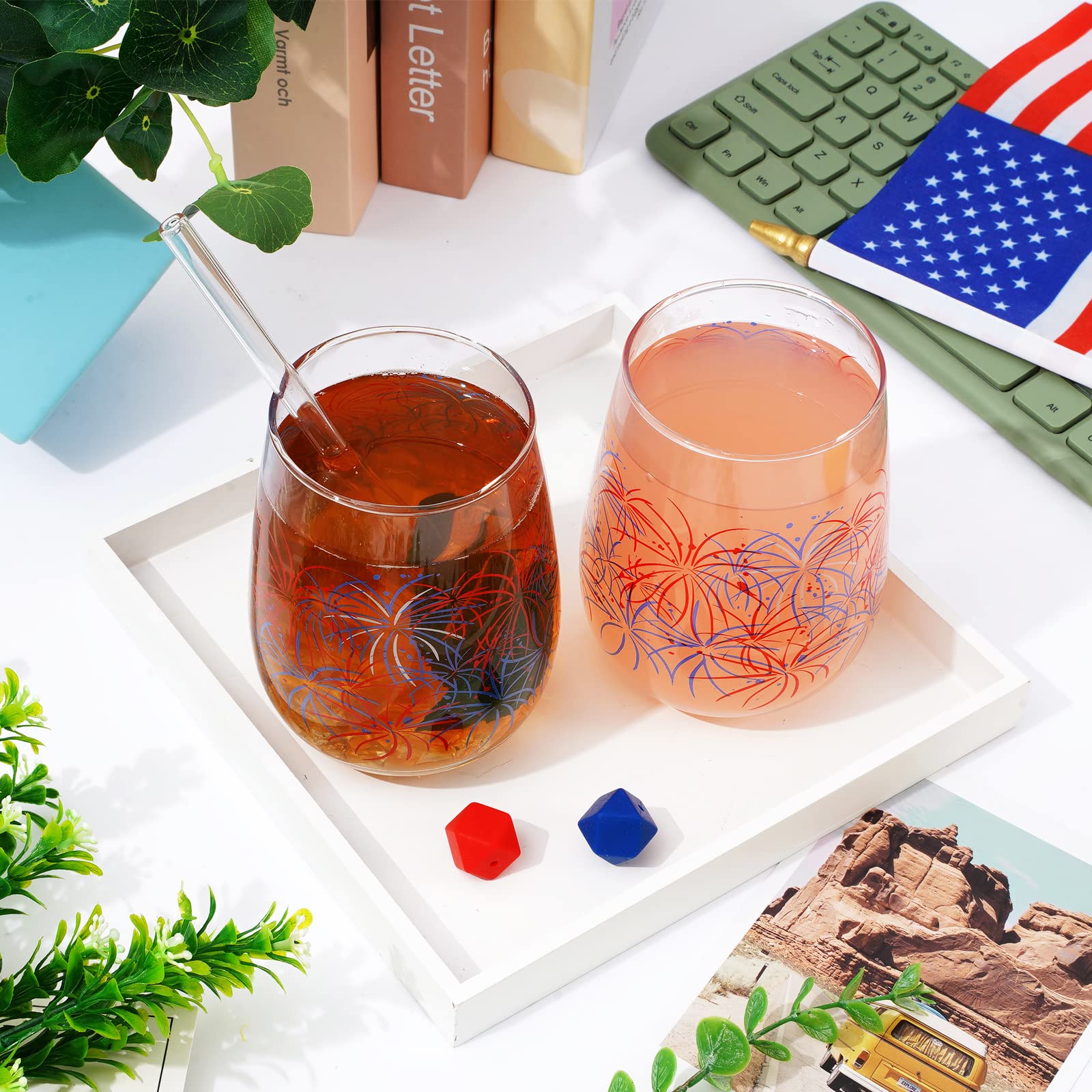Whaline 2Pcs Patriotic Stemless Wine Glasses 17oz Red Blue Firework Drinking Glasses Firework Tumbler Cups Independence Day Party Cups for Celebration 4th of July Party Supplies Kitchen Decor Gifts
