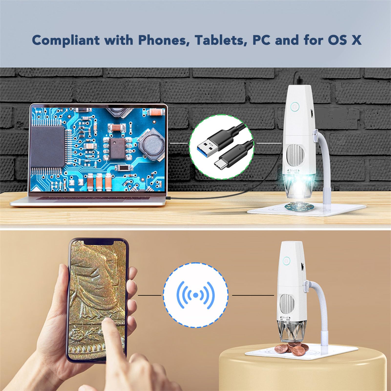 WiFi USB Digital Microscope Digital Magnifier HD 1080P 50X to 1000X Magnification Camera, Built in 8 LED Lights with Stand for Phone PC Notebook(White)