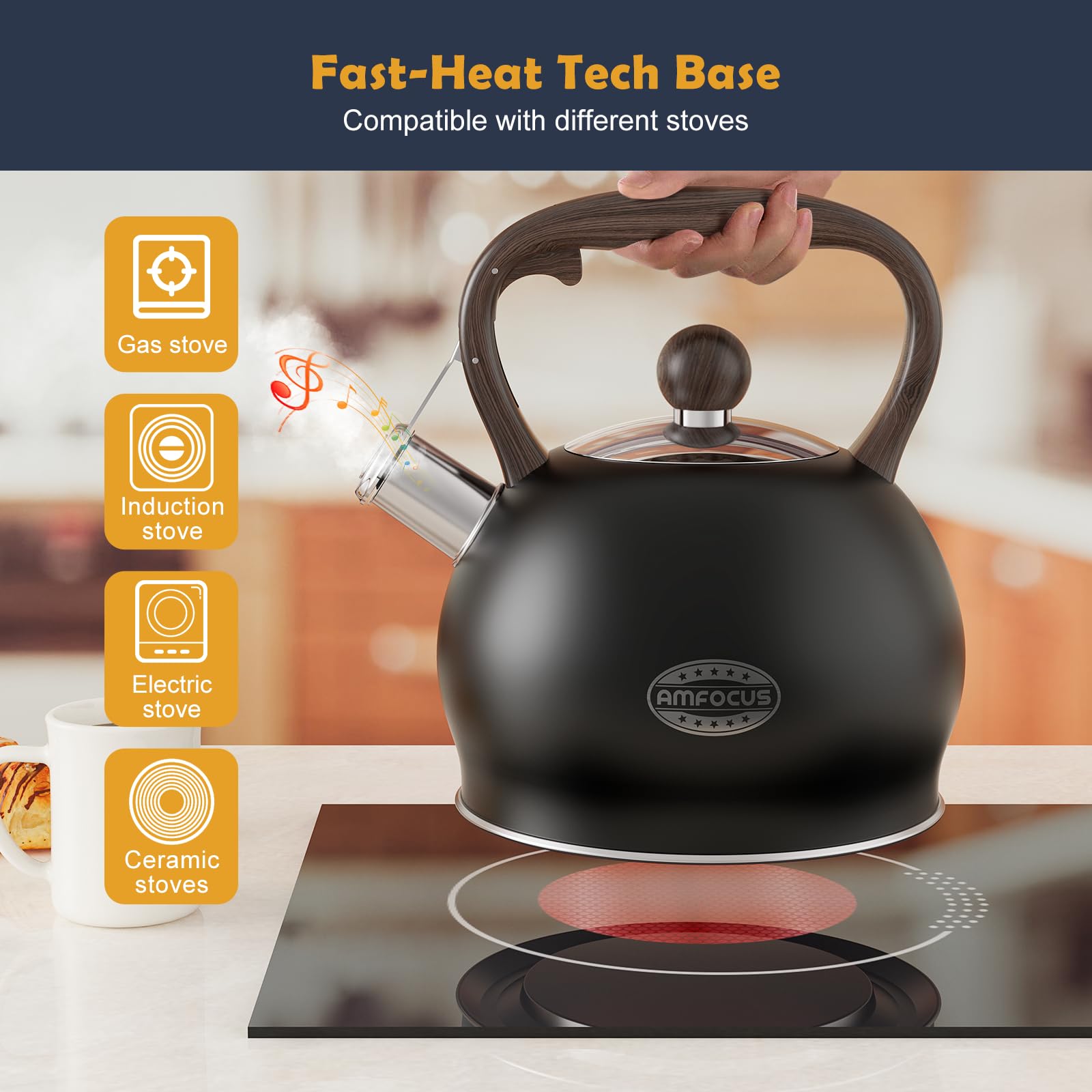 Tea Kettle Whistling Teapot for Stovetop - 2.64 Quart Food Grade Stainless Steel Tea Pot for Stove Top with Wood Pattern Handle, Loud Whistle Kettle for Tea, Coffee, Milk - Black
