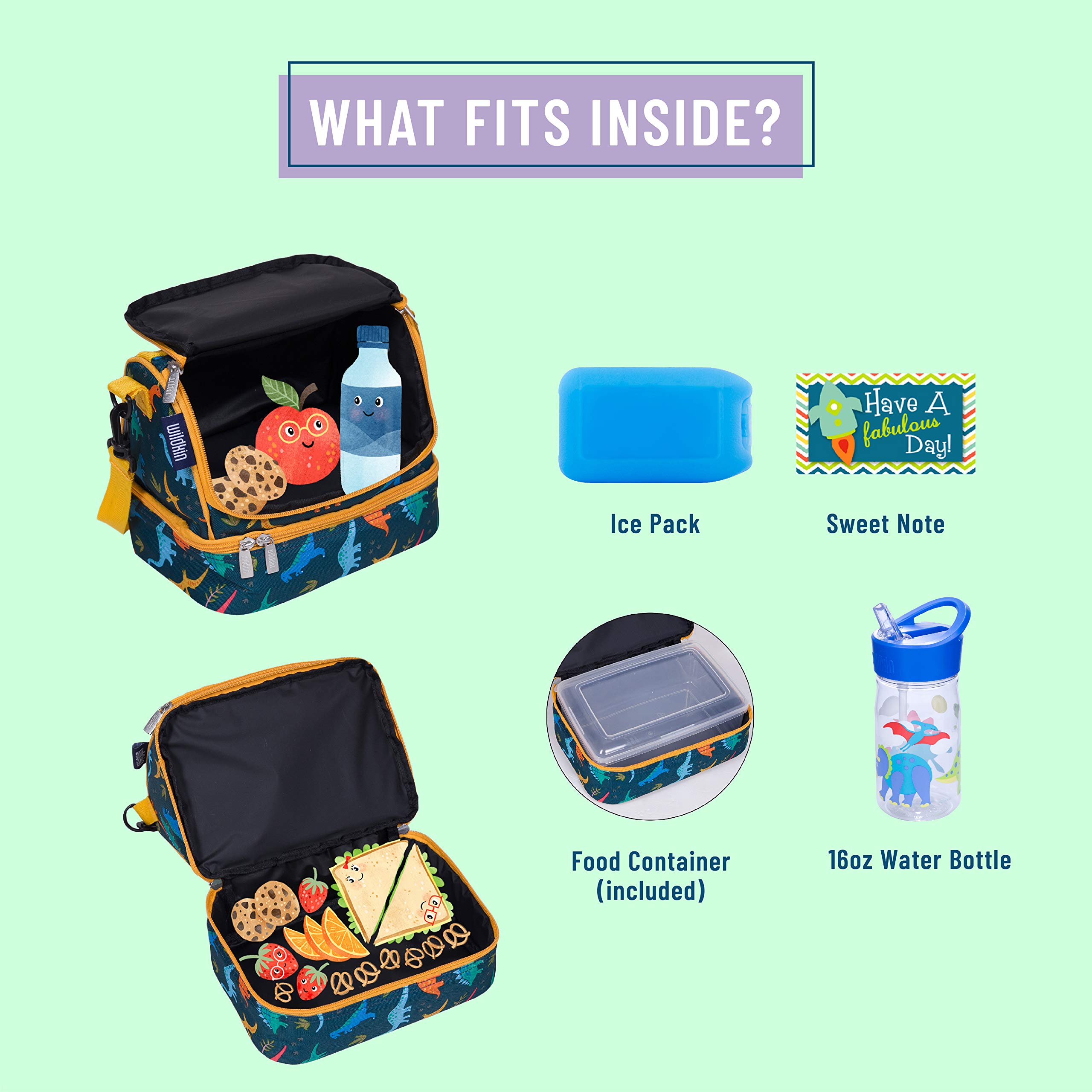 Wildkin Kids Two Compartment Lunch Bag, 17-Inch Backpack, and Ice Pack Bundle for Organized, Fresh and Fulfilling Dishes All Around (Jurassic Dinosaurs)