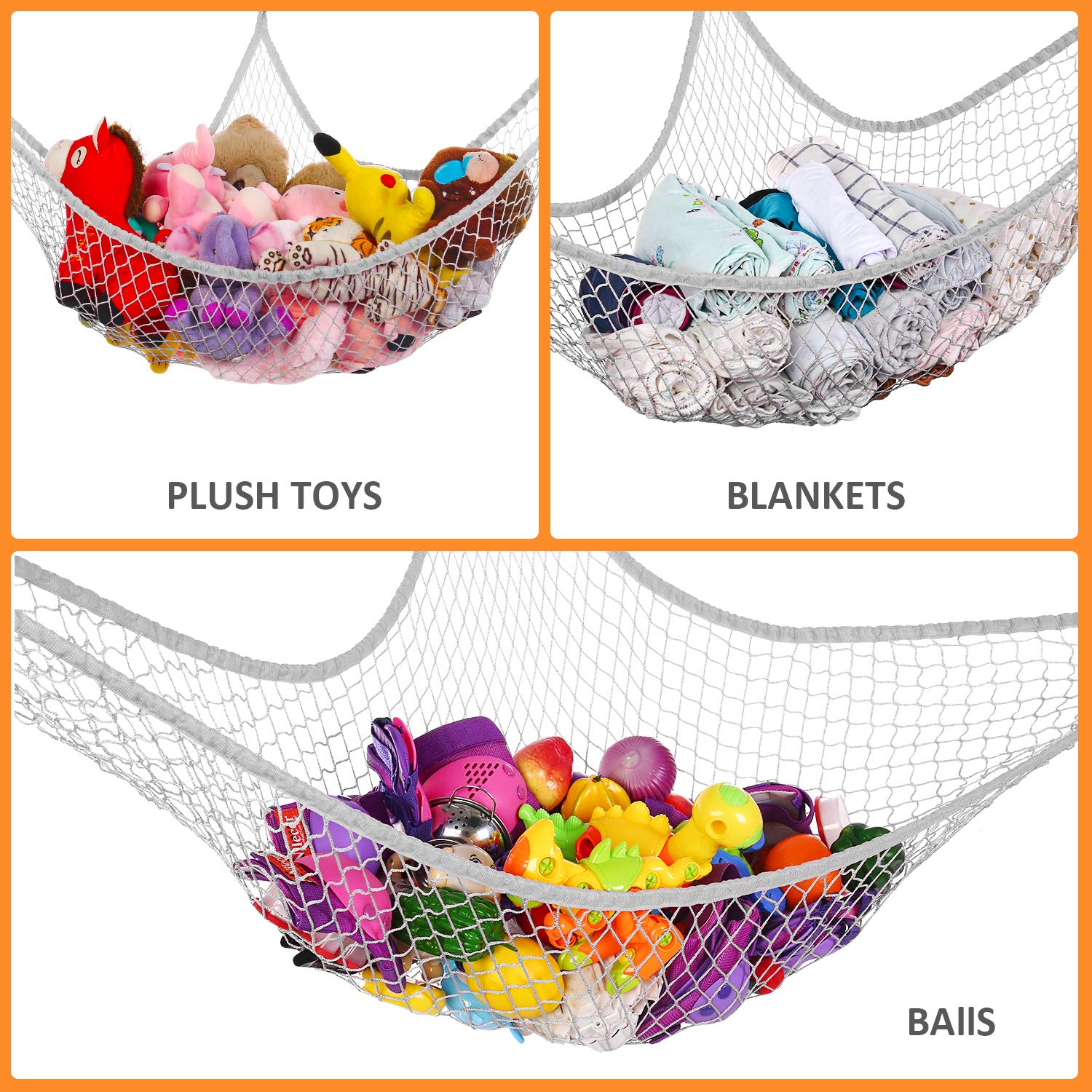 Stuffed Animal Hammock, LinXi Children's Toy Hammock Net Large Durable Mesh Toy Organizer Storage Hanging Wall Corner Nets for Stuffed Animals Grey