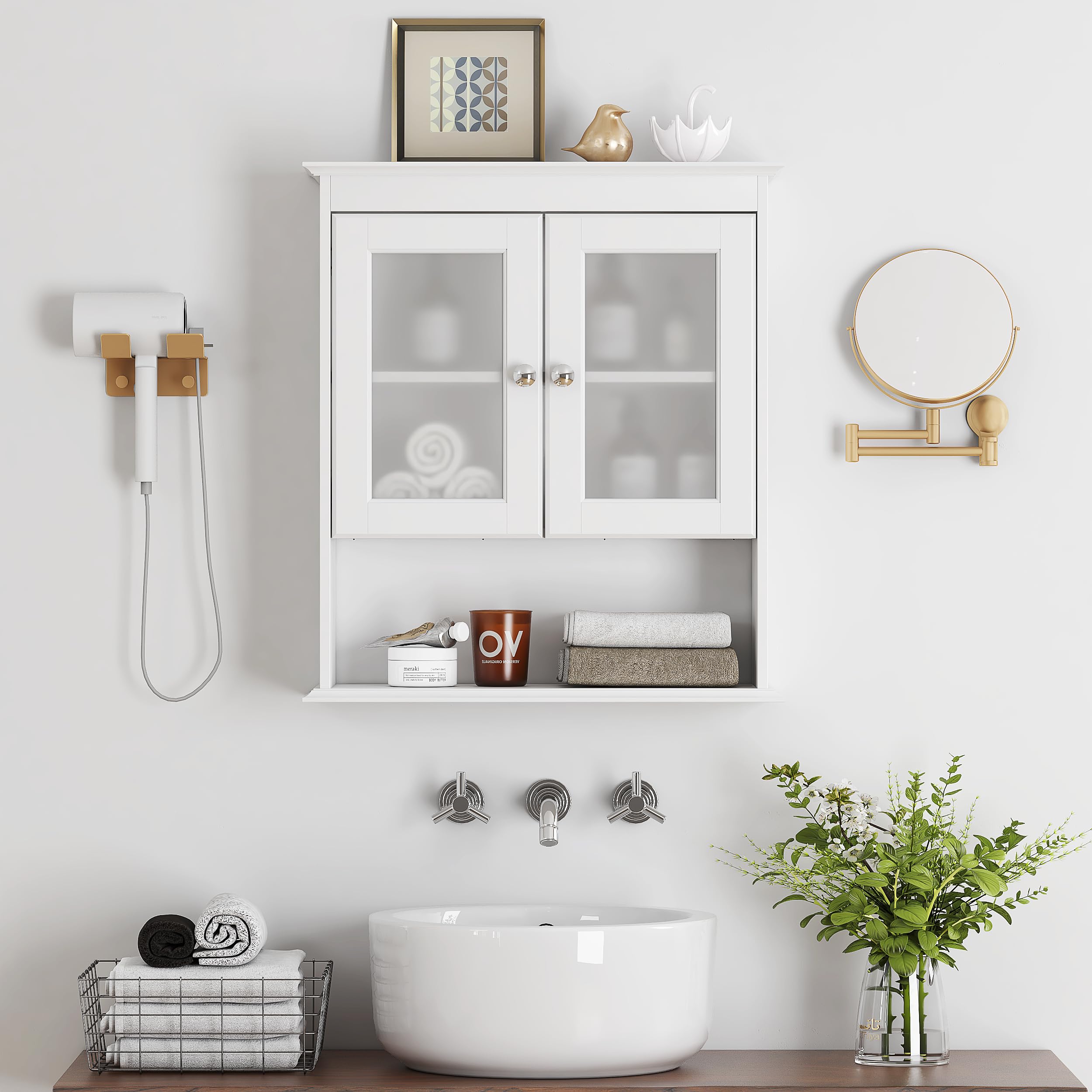 Spirich Bathroom Wall Cabinet with Glass Doors, Small Hanging Medicine Cabinet Wall Mounted, Wood Wall Storage Organizer Space Saver, Espresso