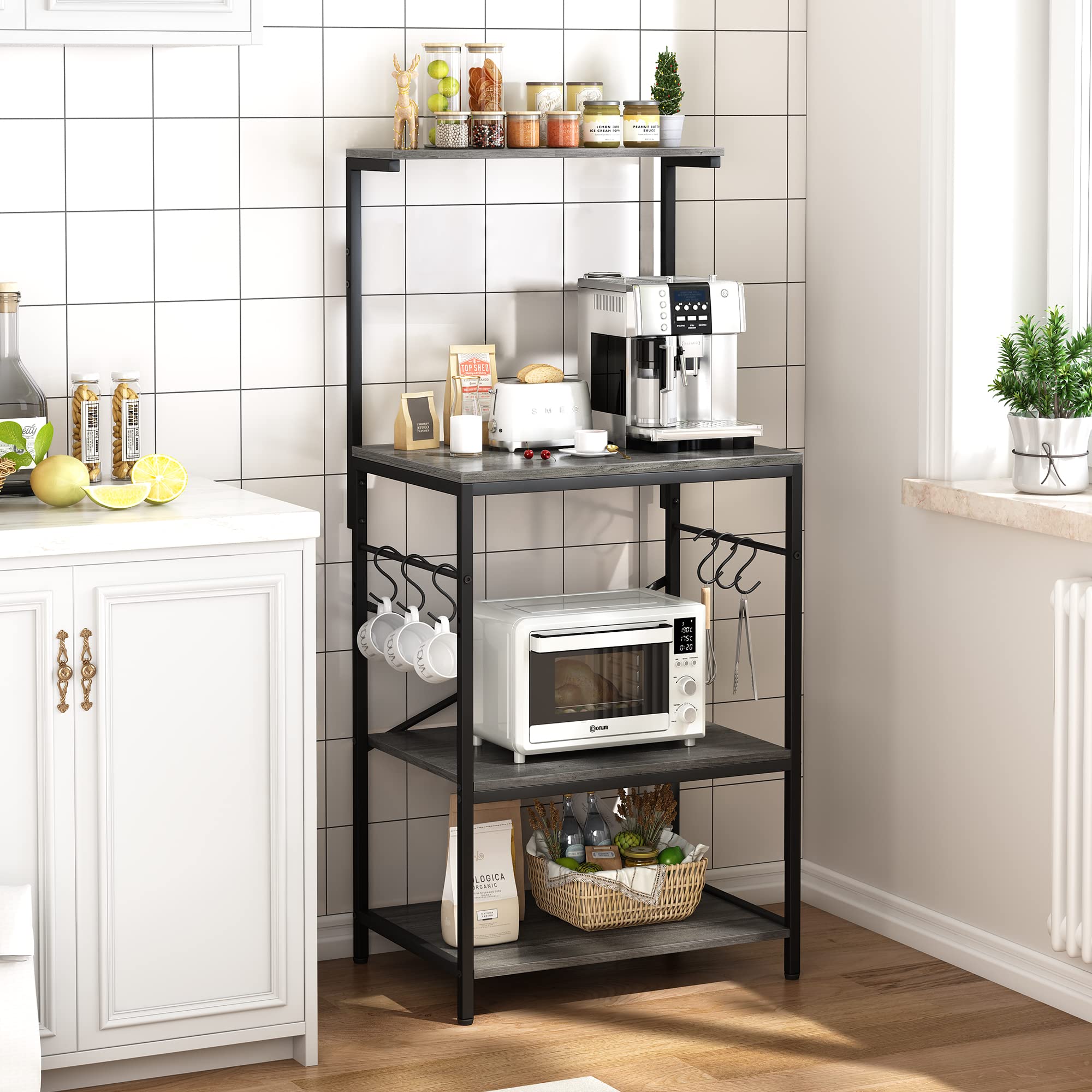 SUPERJARE Kitchen Bakers Rack, 4-Tier Coffee Bar Table, Kitchen Microwave Stand with 6 S-Shaped Hooks, Kitchen Storage Shelf Rack for Spices, Pots and Pans - Rustic Brown