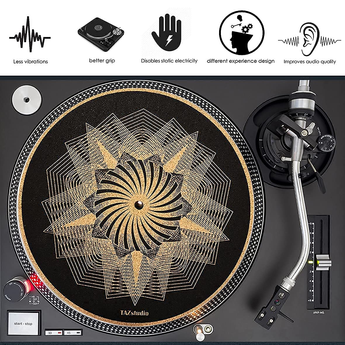 TazStudio Cork Turntable Mat for Better Sound Support on Vinyl LP Record Player - Original Geometric Design Psychedelic Geometric Dot Art (3mm Thick)- m3
