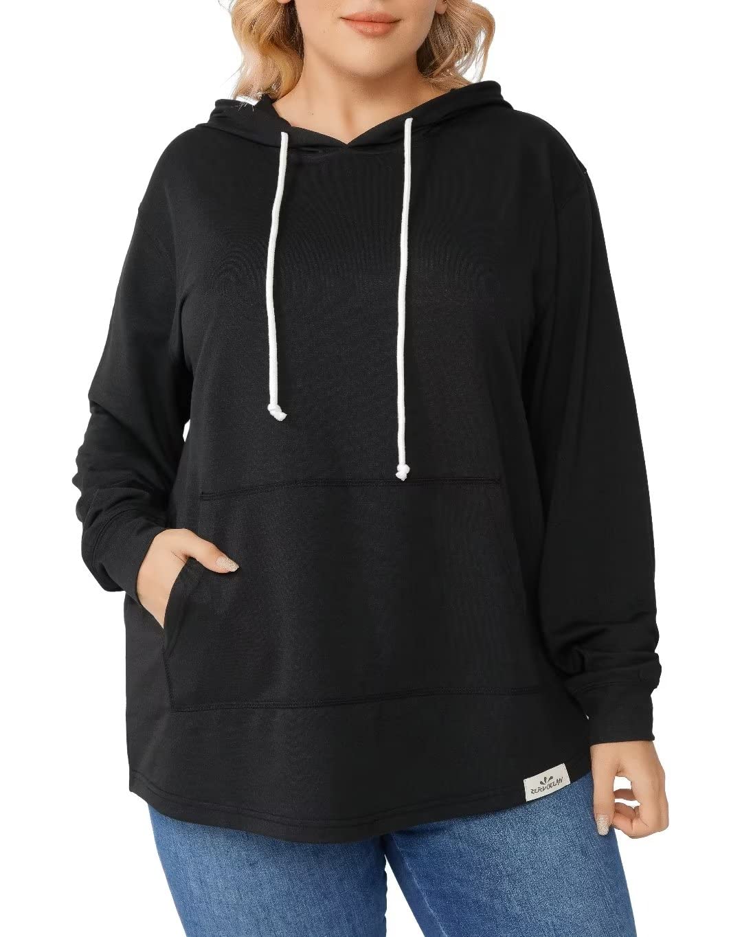 ZERDOCEAN Women's Plus Size Casual Sweatshirts Hoodies Long Sleeve Tunic Tops Pullover with Pockets Black 1X