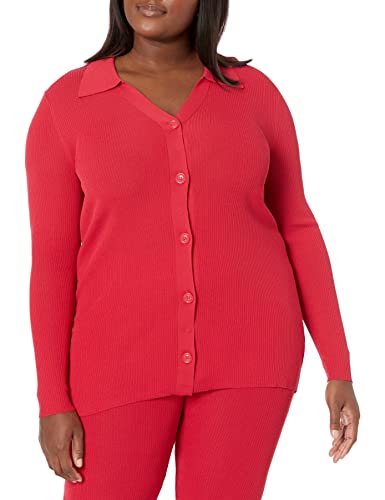 The Drop Women's Constance Rib Button-Down Sweater, Candy Apple Red, 2X, Plus Size