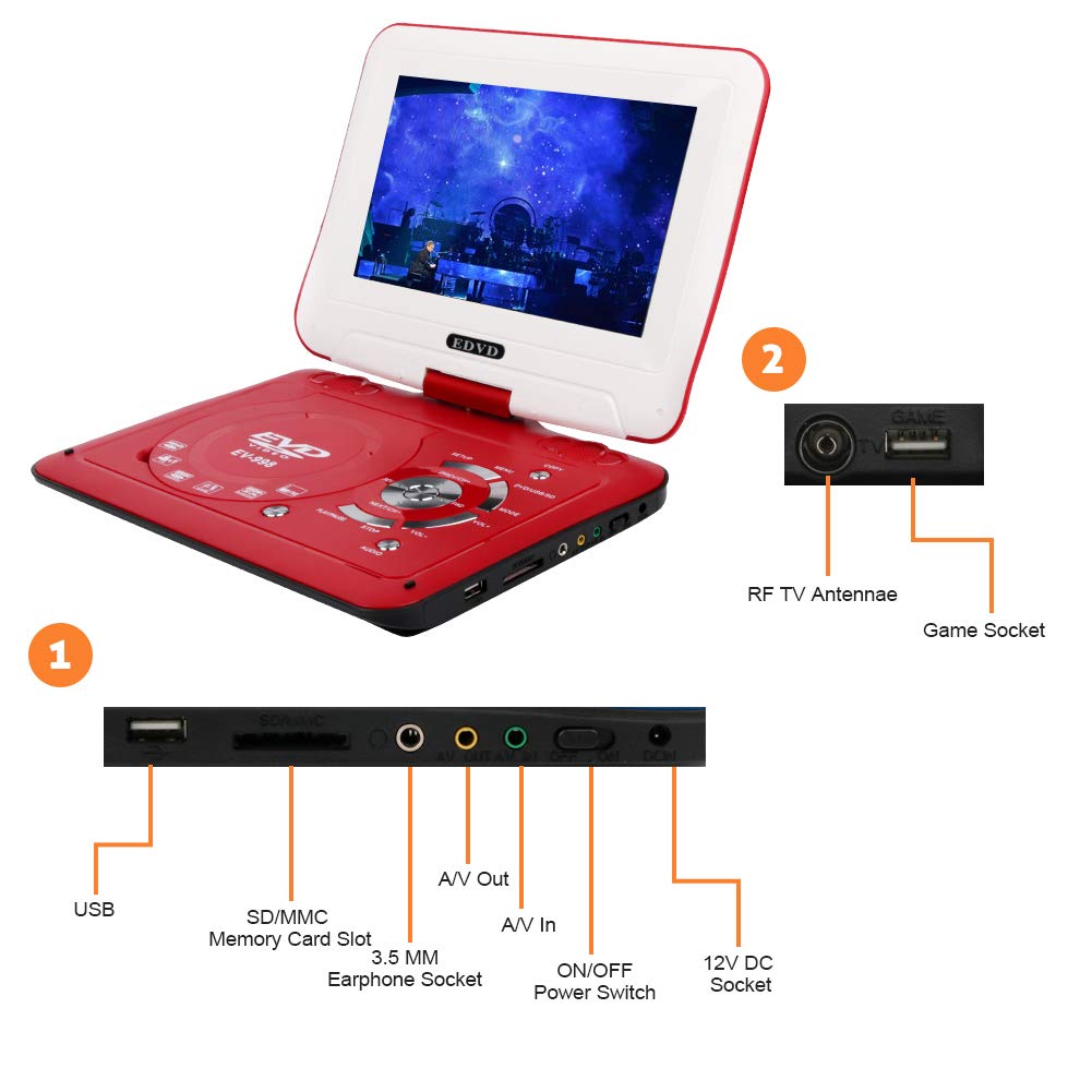Smyidel 9.8" Portable DVD Player Supports SD Card/USB Port/CD/DVD, Rede Controller,2 Hour Rechargeable Battery, 9" Eye-Protective Screen, Support AV-in/Out,Region Free (Red)