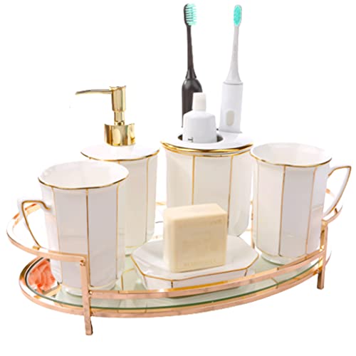 UTOYA Durable Ceramic Bathroom Accessories Set,5 Piece Bathroom Set Complete- Lotion Dispenser,Toothbrush Holder,Tumbler,Soap Dish,Tray(White) Replacement