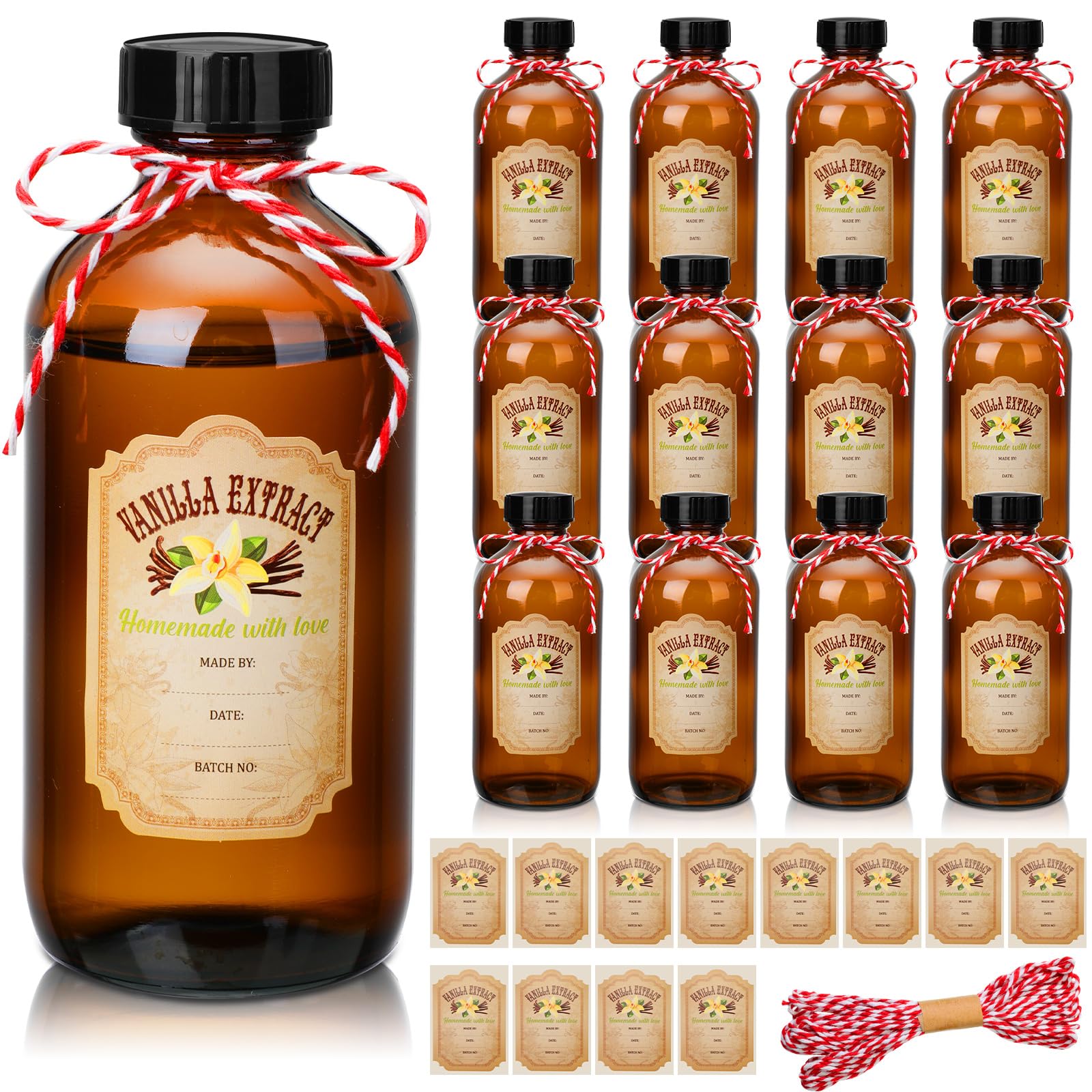 Uiifan 12 Pack 8 Ounce Amber Glass Bottle Boston Round Bottles with Caps Brown Vanilla Extract Bottles and 12 Pcs Vanilla Extract Stickers for Syrup Gift Glass Food Storage Canister Set Sauce Beans