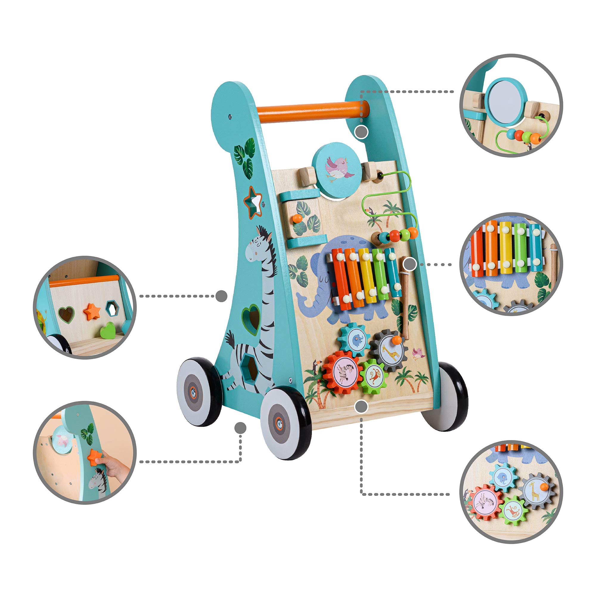 Teamson Kids Preschool Play Lab Wooden Baby Walker and Activity Station, Natural/Blue