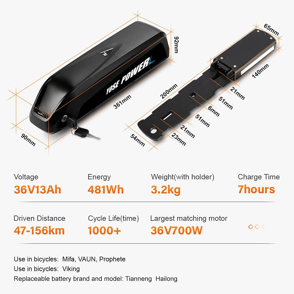 Yose Power Ebike Battery 36V 13Ah Down Tube Battery for 100W-700W Motor with Power Switch, Electric Bicycle Lithium-Ion Battery, Safe Lock, Led Indicator Light, with Base and Charger