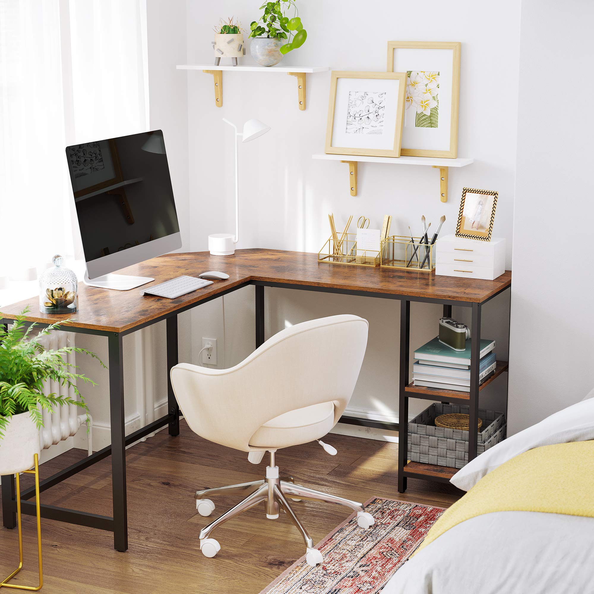 VASAGLE Computer Desk and Bookshelf Bundle, L-Shaped Computer Desk and 4-Tier Bookcase with Steel Frame, for Home Office, Industrial, Rustic Brown and Black ULWD72X and ULLS60BX