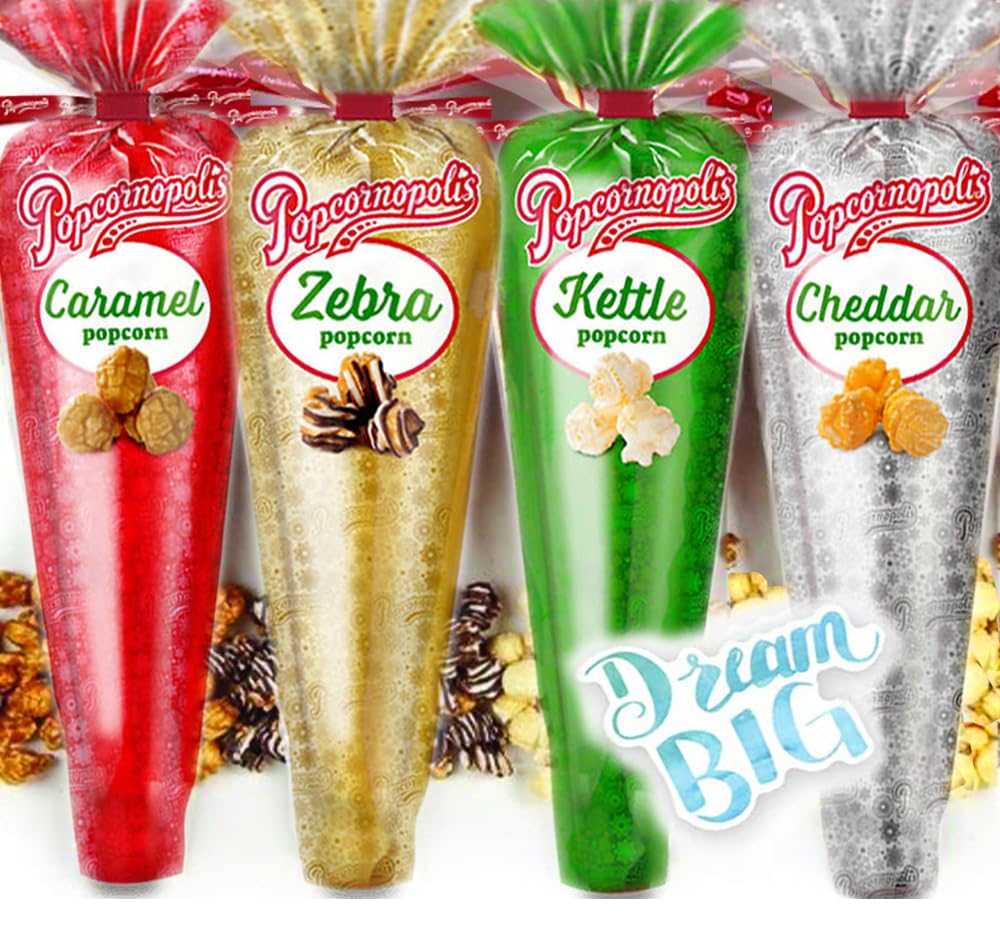Popcornopolis Gourmet Popcorn β Premium Pack of 4 Popcorn Mini Cones & Exclusive Inspirational Sticker! Small Storage Space Friendly & Great Stocking Stuffers!