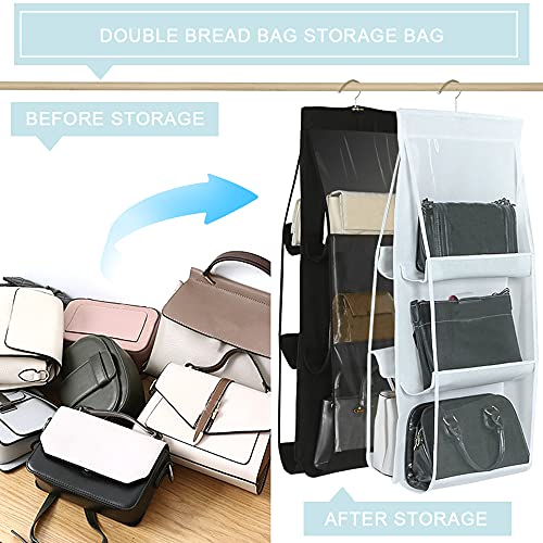 SNOMEL 2 Pack Hanging Purse Handbag Storage Organizer, 6 Pockets Thick & Soft Fabric Handbag Holder for Closet, Foldable Bag Collection Hanger for Wardrobe Shelf (Black & White)