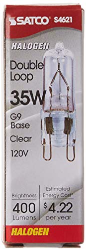 Satco S4621 35 Watt 400 Lumens T4 Halogen G9 Double Loop Base 120 Volt Clear Light Bulb, Dimmable