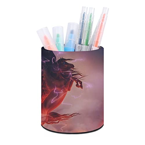 Red Thunderbolt Pegasus Pen Holder PU Leather Pencil Cup Cute Desk Organizer Makeup Brush Box for Home Office