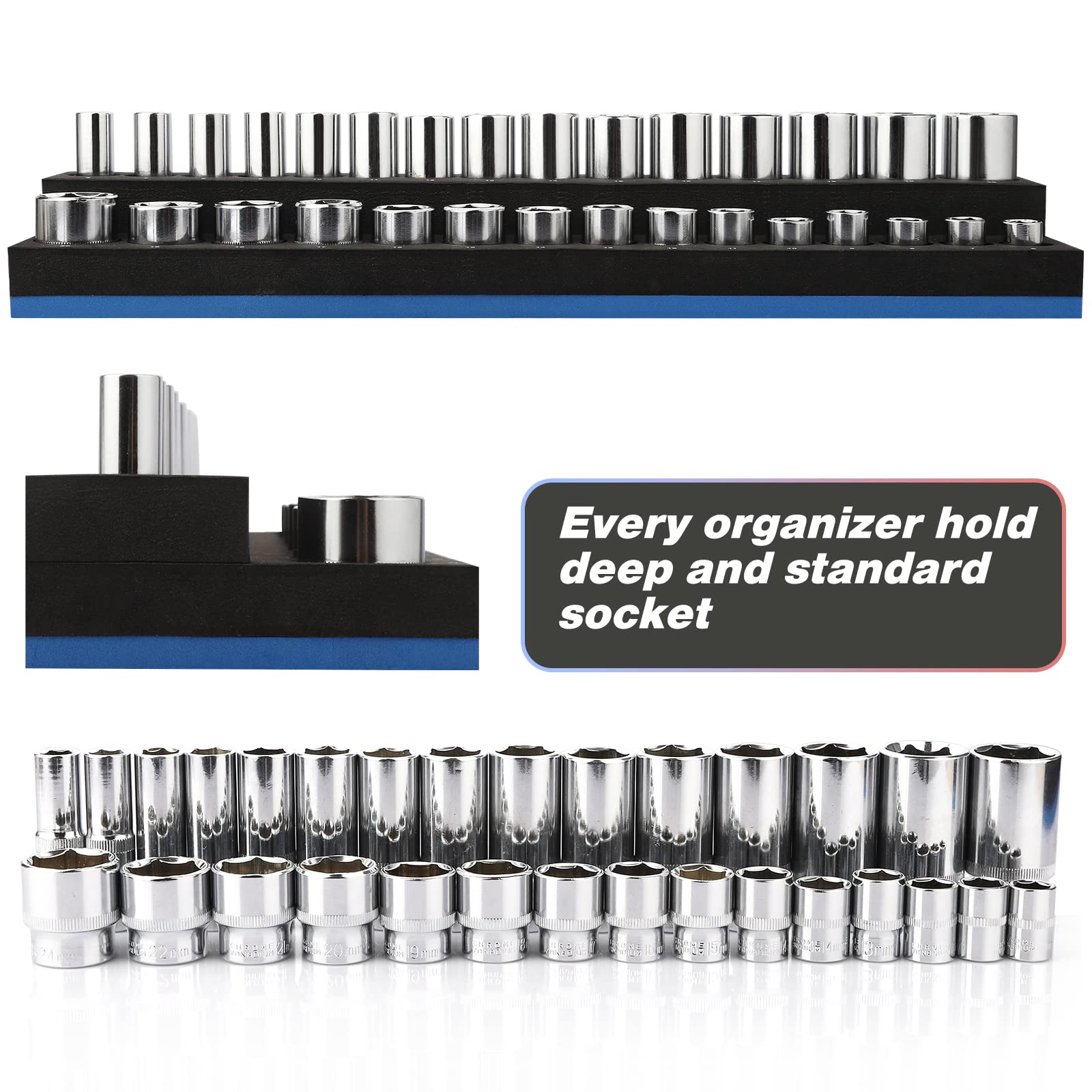 Socket Organizer Set, 6PCS Socket Holder for Metric and SAE 1/2'', 3/8'' and 1/4'' Sockets with Accurate Hole Size, Suitable for Toolbox and Tool Cart Socket Storage (EVA foam, Sockets not included)