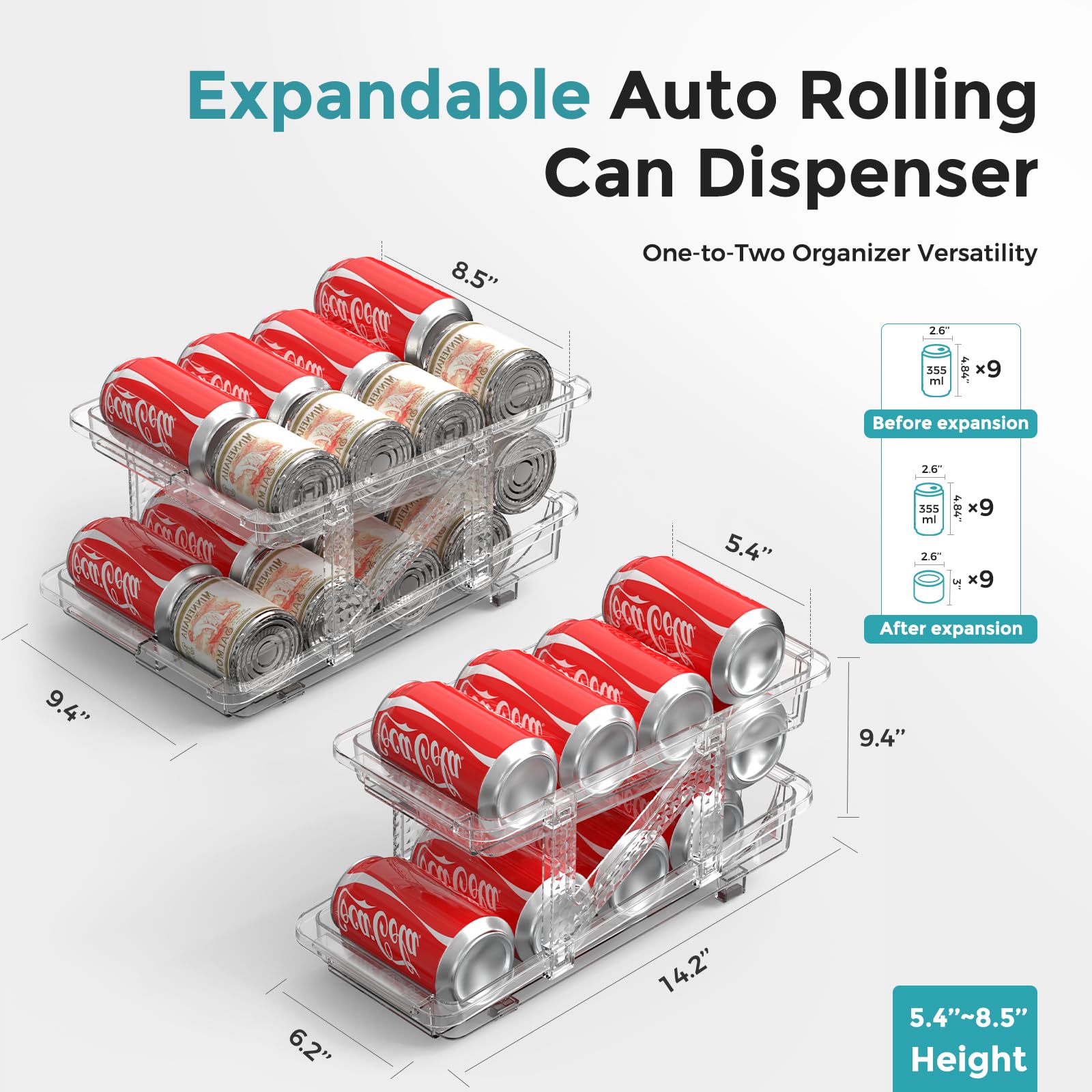 Soda Can Dispenser for Refrigerator, 2-Tiered Stackable Soda Can Organizer for Refridgerator, Anti-Blocking Design, Drink Organizer for Fridge, Pantry, Freezer, Countertop (Hold Up to 11 Cans)