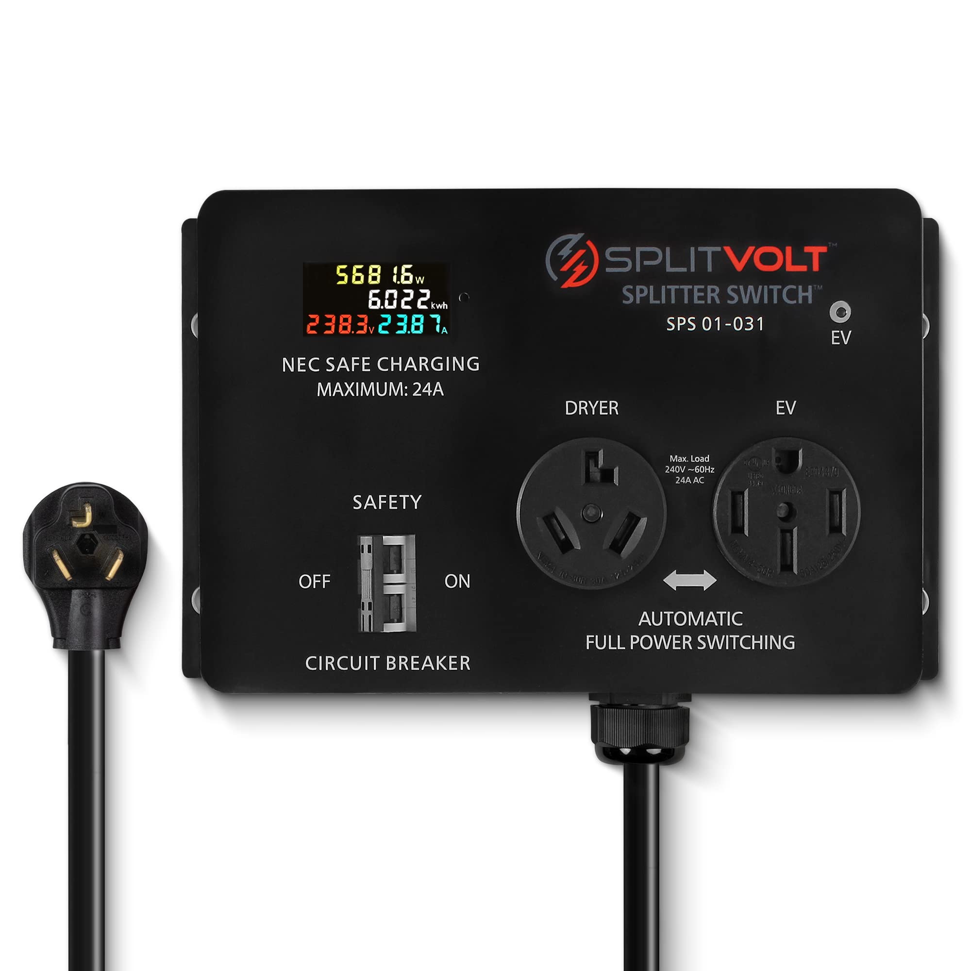 Splitvolt NEMA 10-30/10-30 Splitter Switch 10-30 Plug to Two 10-30 Outlets (A&B) - Automatic Power Switching for Dryer and EV and Real-time Display, 24 Amp, 240V EVSE