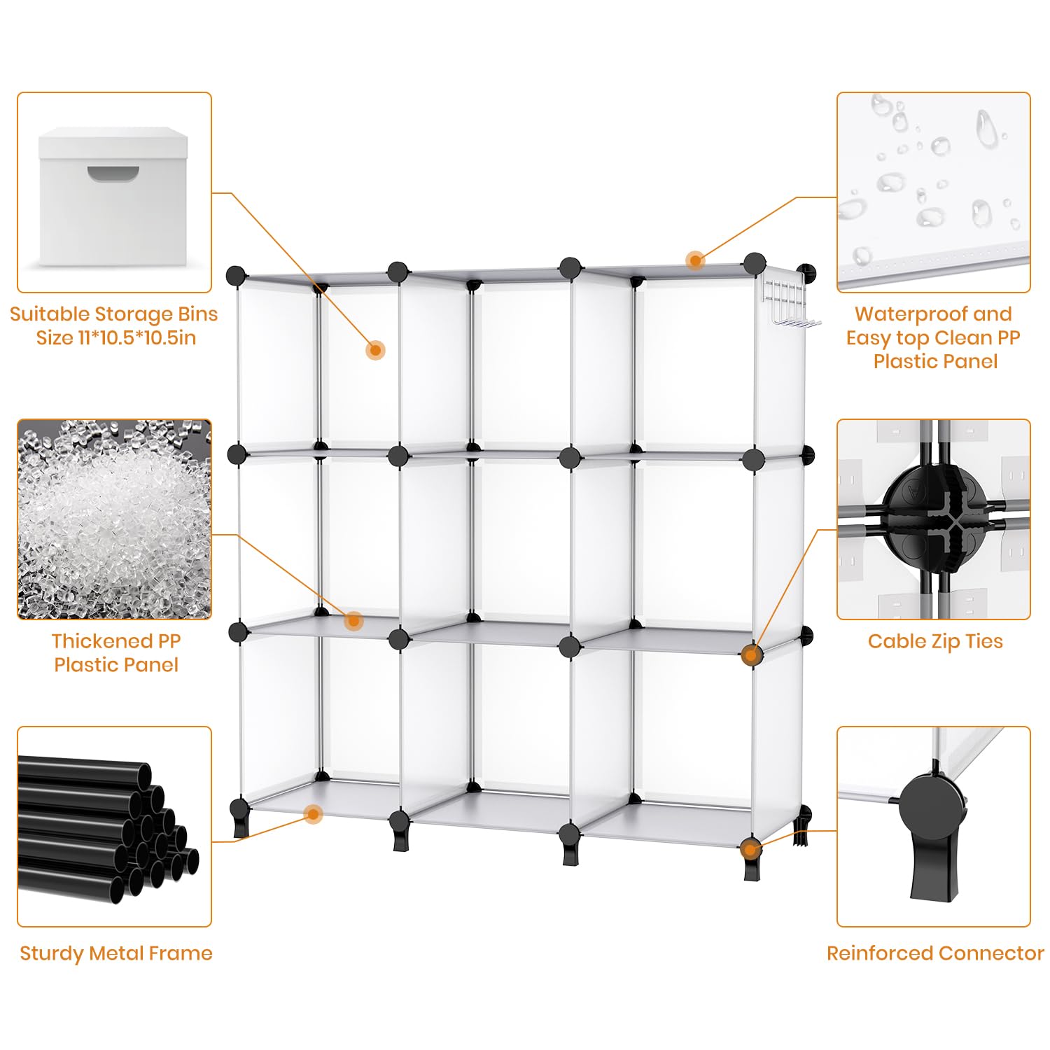 ROJASOP 9 Cube Storage Organizer, Portable Closet Cube Storage Shelf Bookshelf DIY Stackable Cubby Shelving with Hooks, Plastic Cube Organizer Shelf for Bedroom, Living Room, Office, Clear