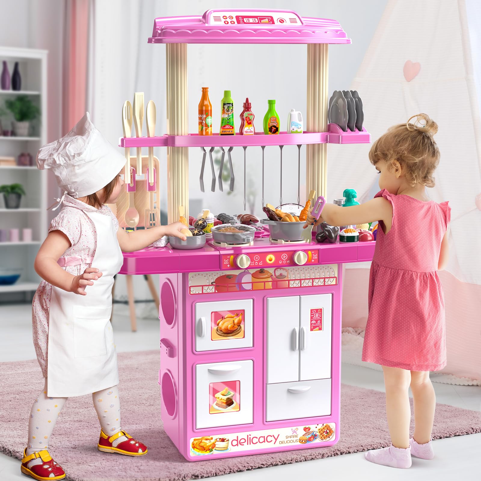 TEMI 2-in-1 Kitchen & Grill Playset for Kids - With 60-Piece Accessories, Sounds & Lights | Pretend Play Kitchen Set for 3+ Year Old Girls & Boys