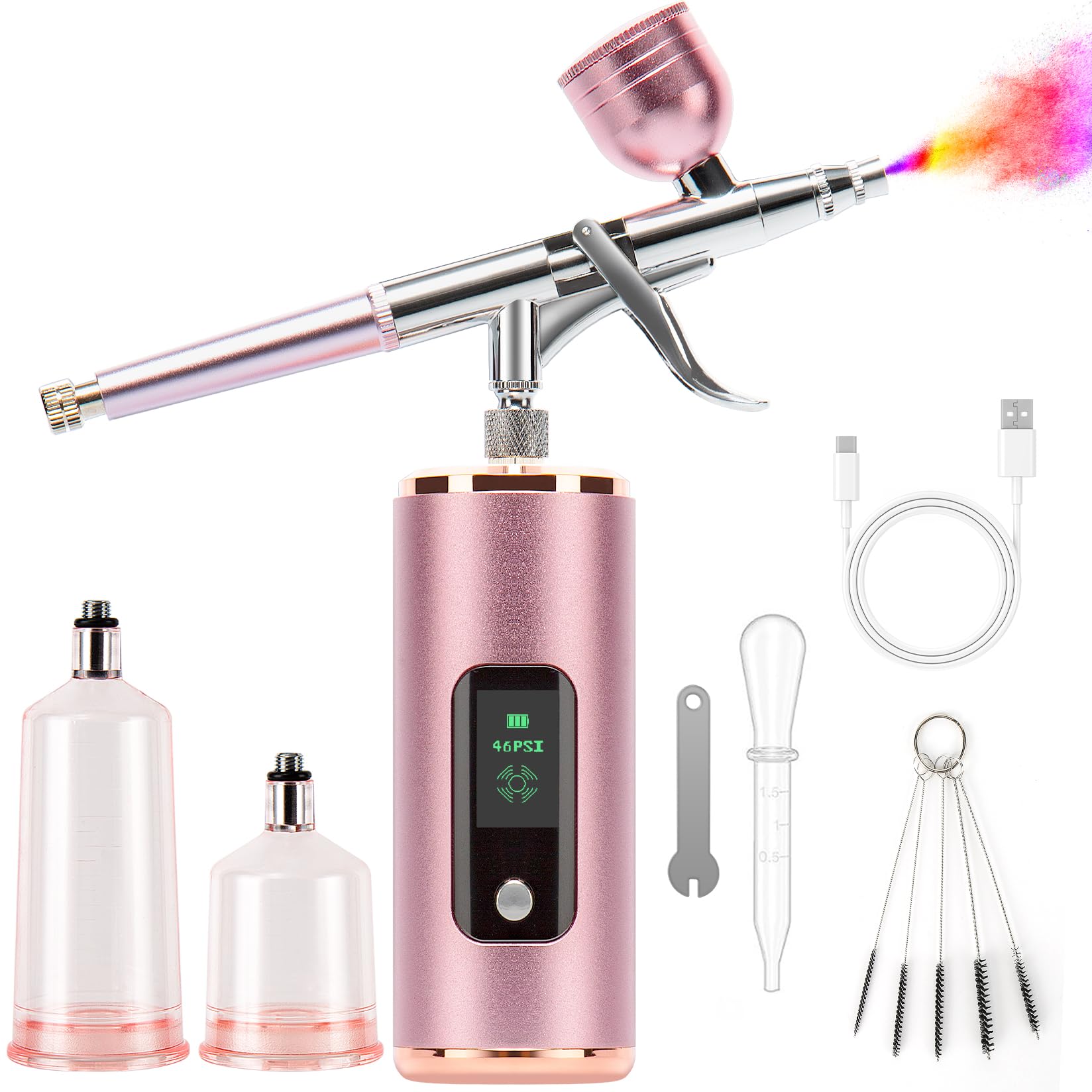 Saudoli 46 PSI Airbrush Kit With Compressor - Double Action Trigger Air Brush Gun with 0.3mm Nozzle and Cleaning Brush Set for model Paint, Tattoo, Nail Art, Makeup
