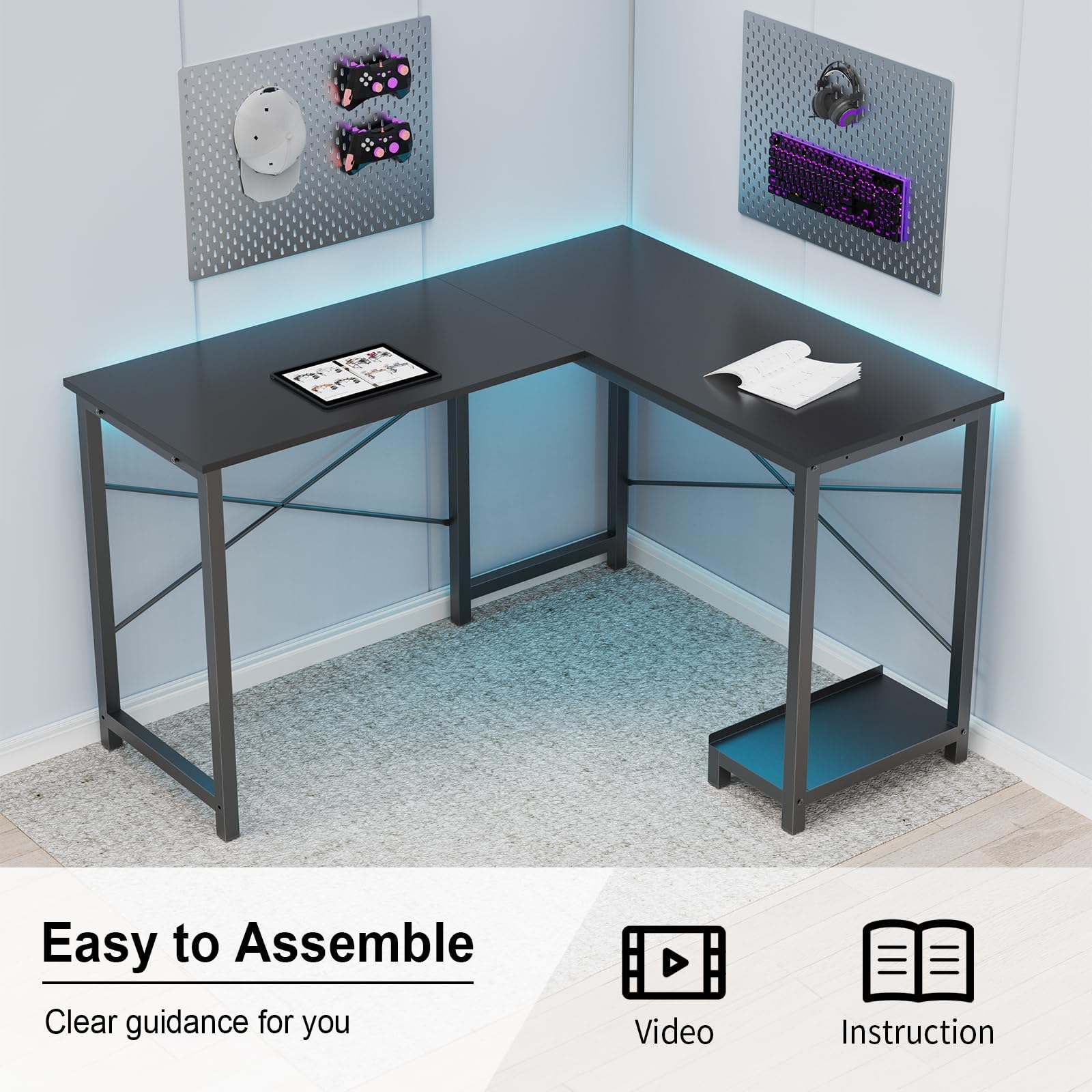 Sweetcrispy Computer Desk L Desk Corner Table Gaming Desk PC Table with CPU Stand Side Bag for Home Office Dorm Sturdy Writing Workstation, Black, 50 Inches