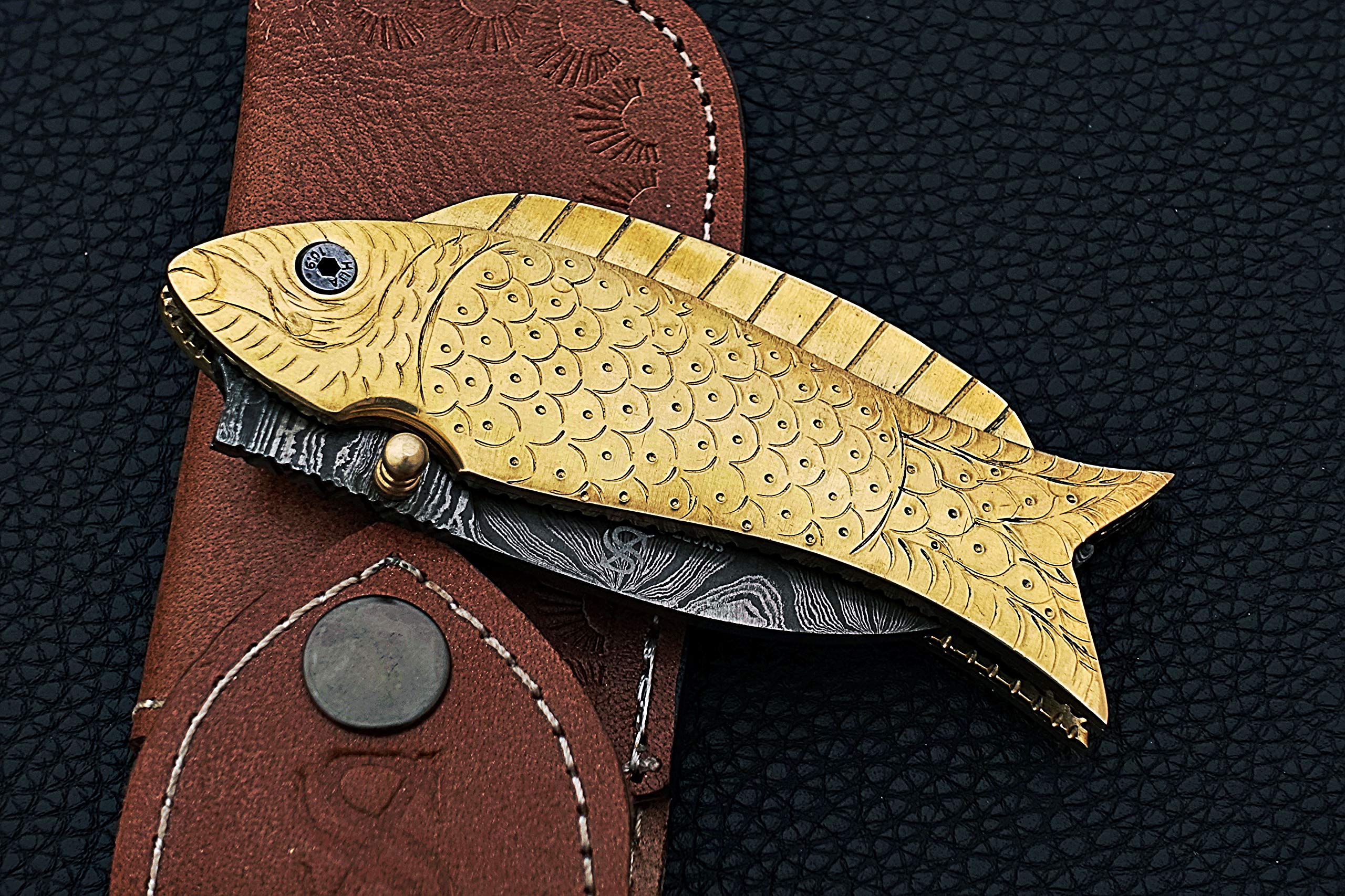Smart & Sharp Custom Handmade Damascus Steel Fish Knife/Folding Knife/Pocket Knife SS-17370(Brass Engraved Handle) (brass)