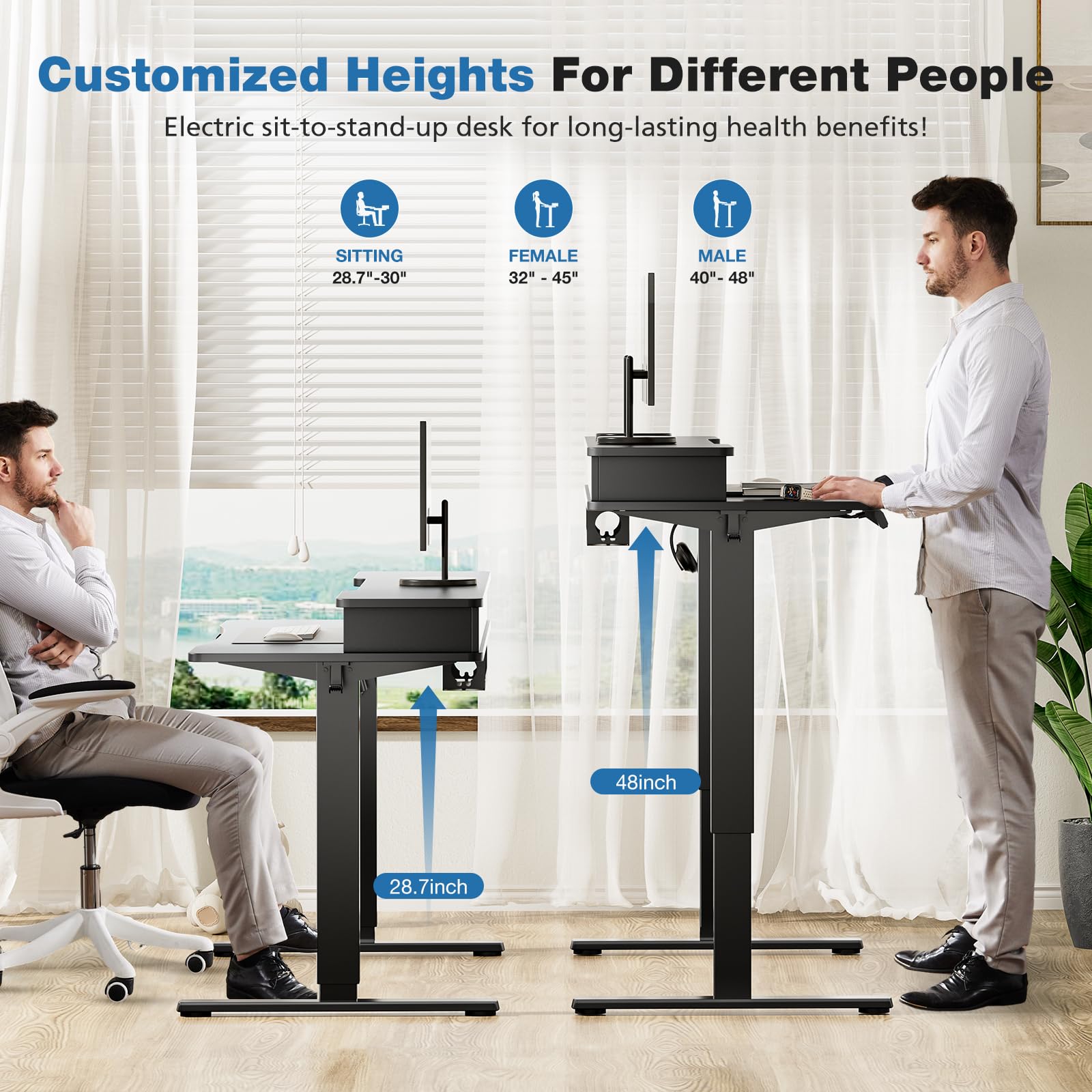 Sweetcrispy Electric Standing Desk with Double Drawer - 48 x 24 inch Adjustable Height Sit to Stand Up Desk with Storage Shelf, Rising Home Office Computer Table with Splice Board