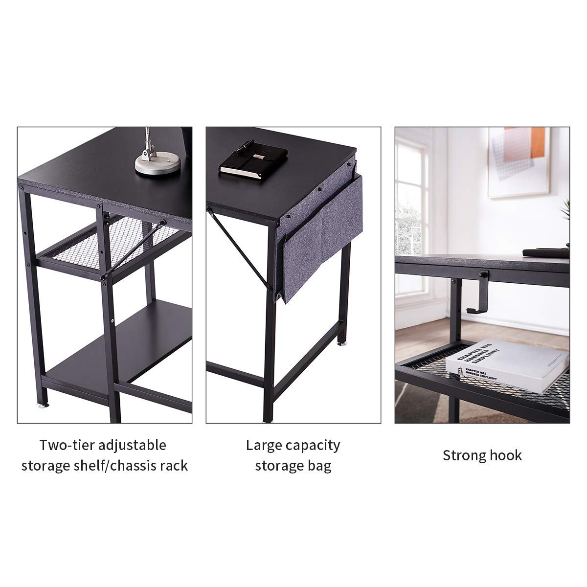 V-AIDMENG 55'' Home Office Desks, Computer Desks, Study Writing Desks with Storage Shelf, Hook and Storage Bag, Multi-Function PC Desk, Gaming Table, Work Tables for Desktop and Laptop. Black MDF
