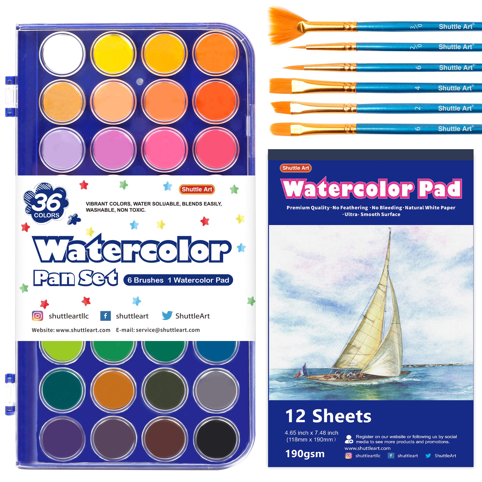 Shuttle Art 43 Pack Watercolor Paint Set, 36 Colors Watercolor Paint Pan Set with 6 Brushes and 1 Watercolor Pad for Beginners, Artists, Kids & Adults Watercolor Painting, Bullet Journal, Calligraphy
