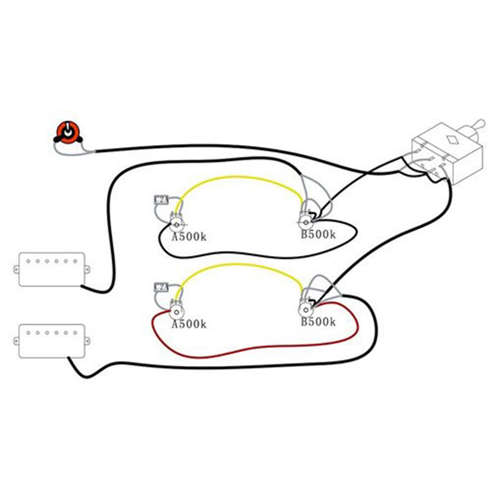 Prewired Wiring Harness Kit Compatible for LP Electric Guitar, 2T2V 500K Pots 3-position Toggle Switch with Jack for Dual Humbucker Gibson Les Pual Style Guitar Electronics Replacements, White Cap