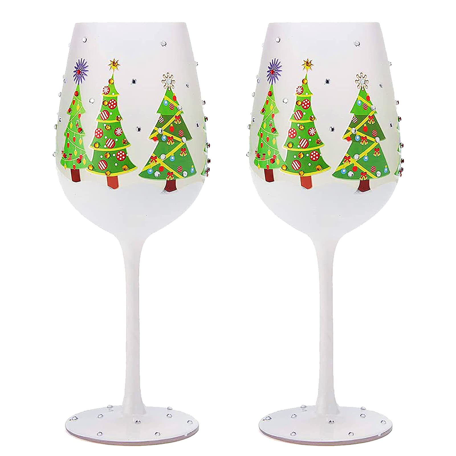 Winter Birthday Themed Stemmed Wine & Water Glasses - Set of 2 - Shining Holiday Red Green Yellow Silver, Holidays Parties Glassware - Xmas Tree - Set of 2, 17.5oz - New years Eve Festive Glass
