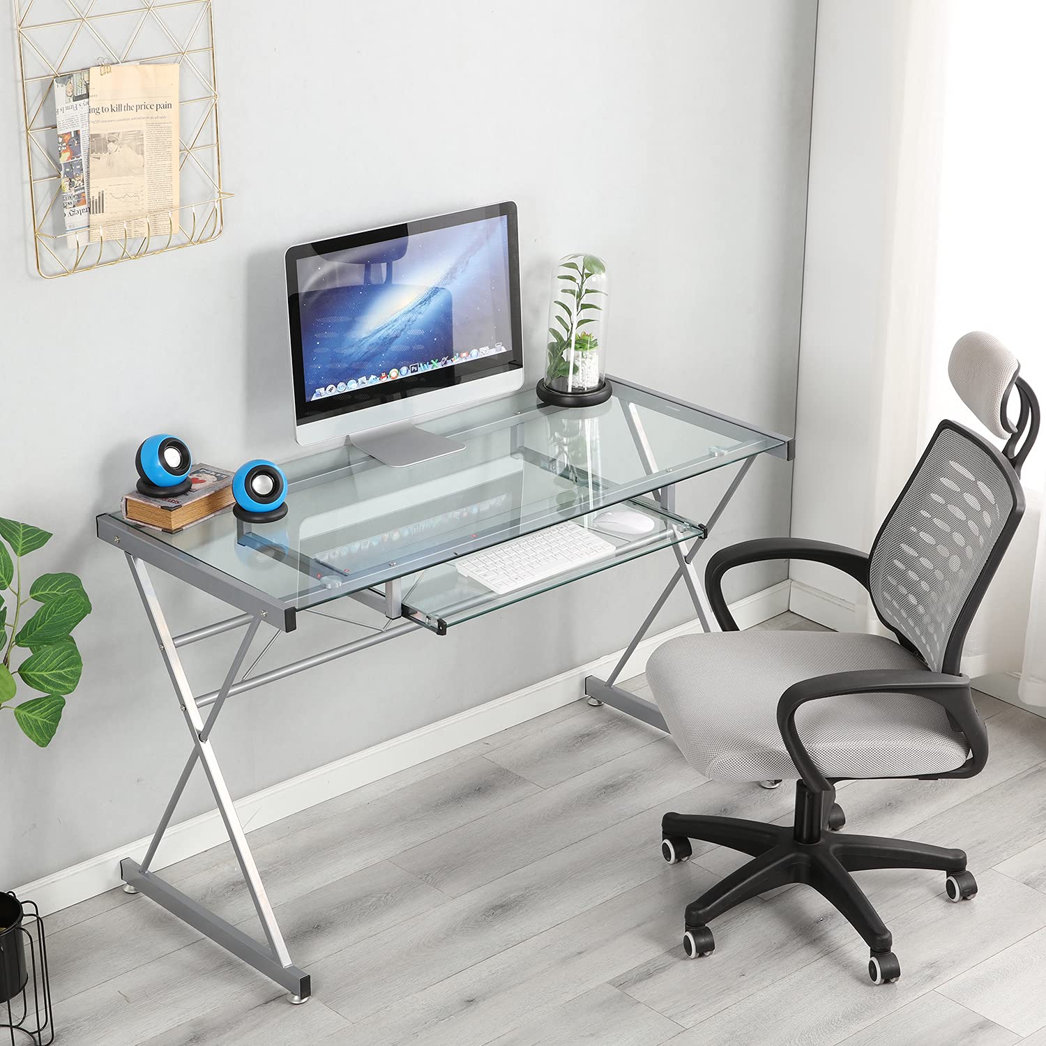 soges Computer Desk 47.2inch Glass Desk Workstation Office Desk with Pullout Keyboard Tray,Clear UT-093