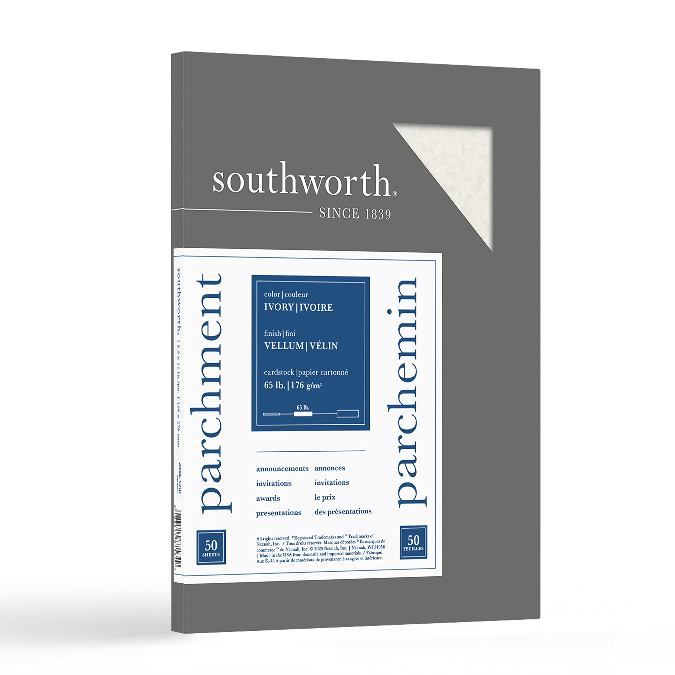 Southworth Specialty Parchment Cardstock, 8.5" x 11", 65 lb./176 gsm, Ivory, 50 Sheets - Packaging May Vary (Z980L-CND)
