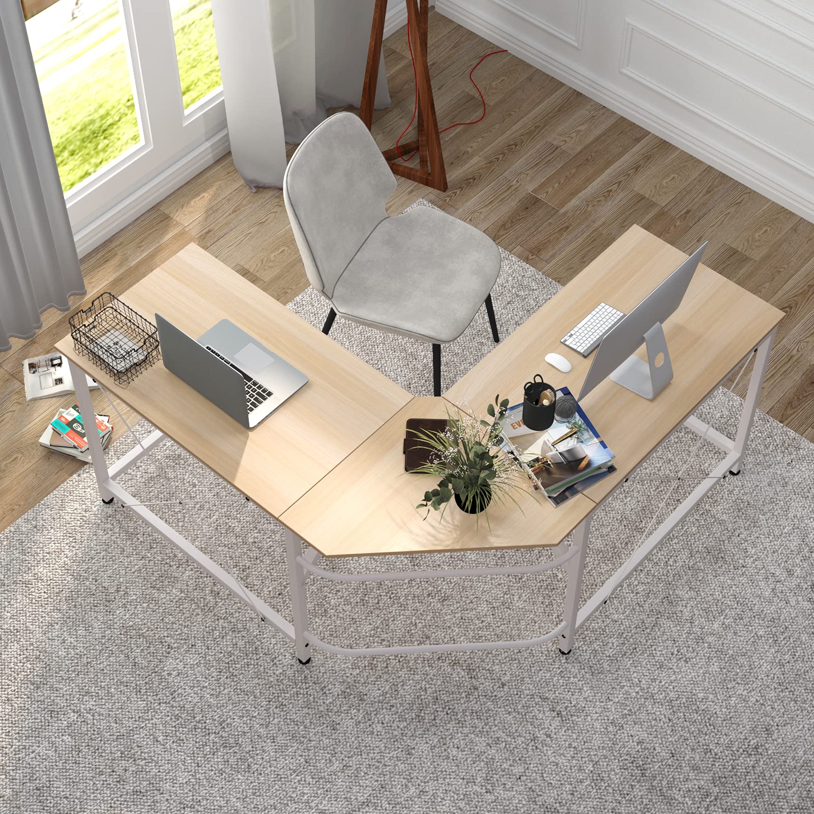 soges Large L Shaped Desk, Corner Computer Desk for Small Space, L Desk for Gaming, Home Office Computer Desk for Bay Window, Millennium Oak LD-Z01MO