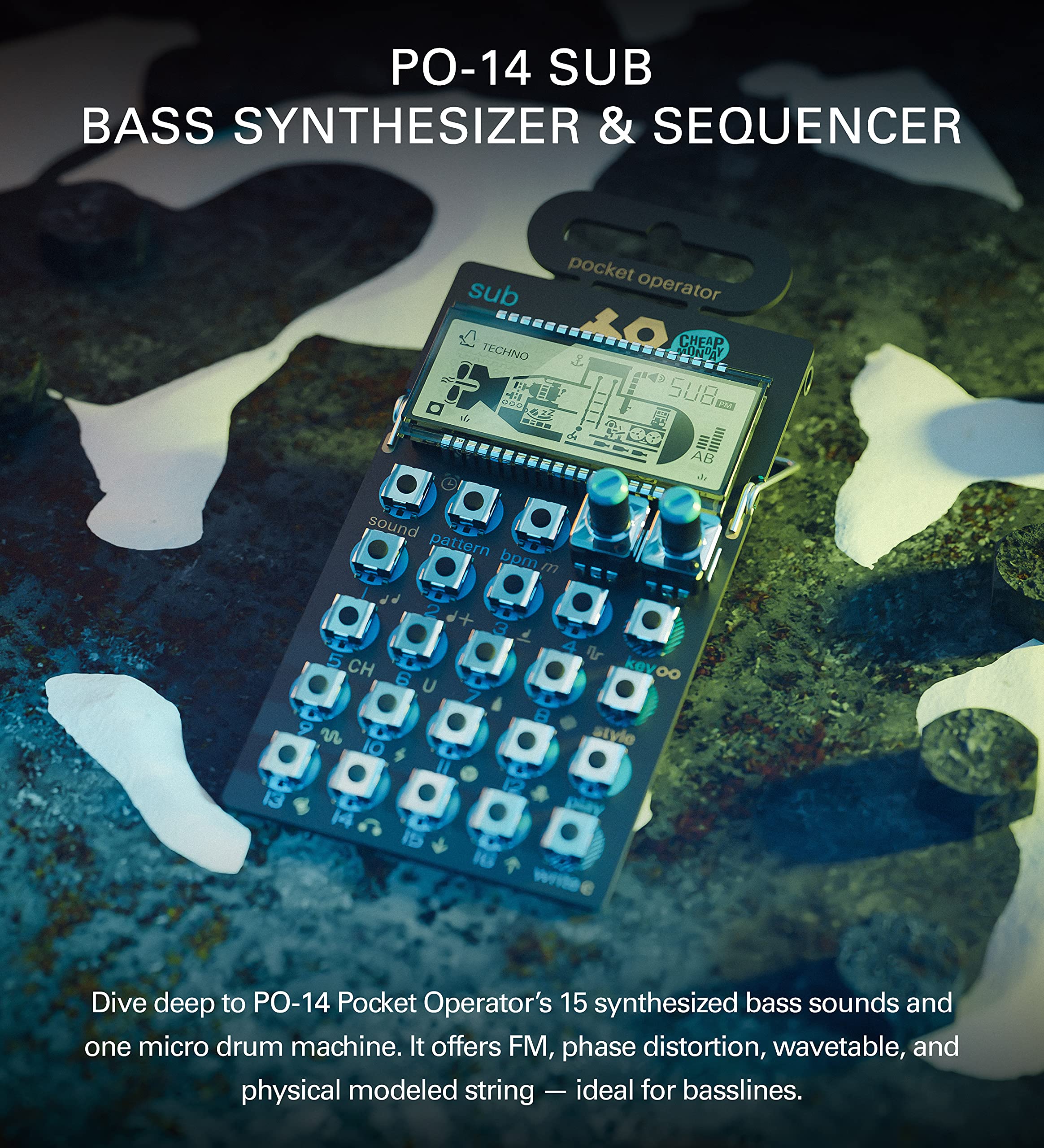 teen age engineering Pocket Operator PO-14 Sub Bass Synthesizer and Sequencer Bundle with Samson SR350 Over-Ear Stereo Headphones, Blucoil 3-Pack of 7" Audio AUX Cables, and 4 AAA Batteries