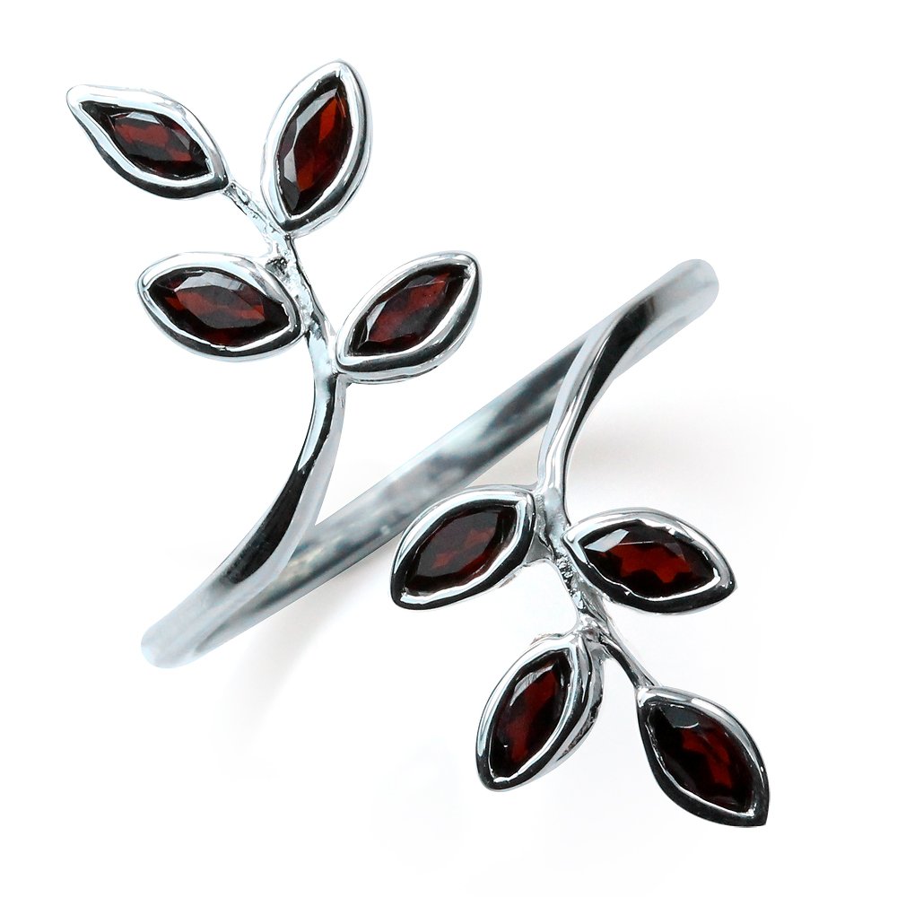 Silvershake Natural Garnet 925 Sterling Silver Delicate Bypass Leaf Adjustable Ring Size 6