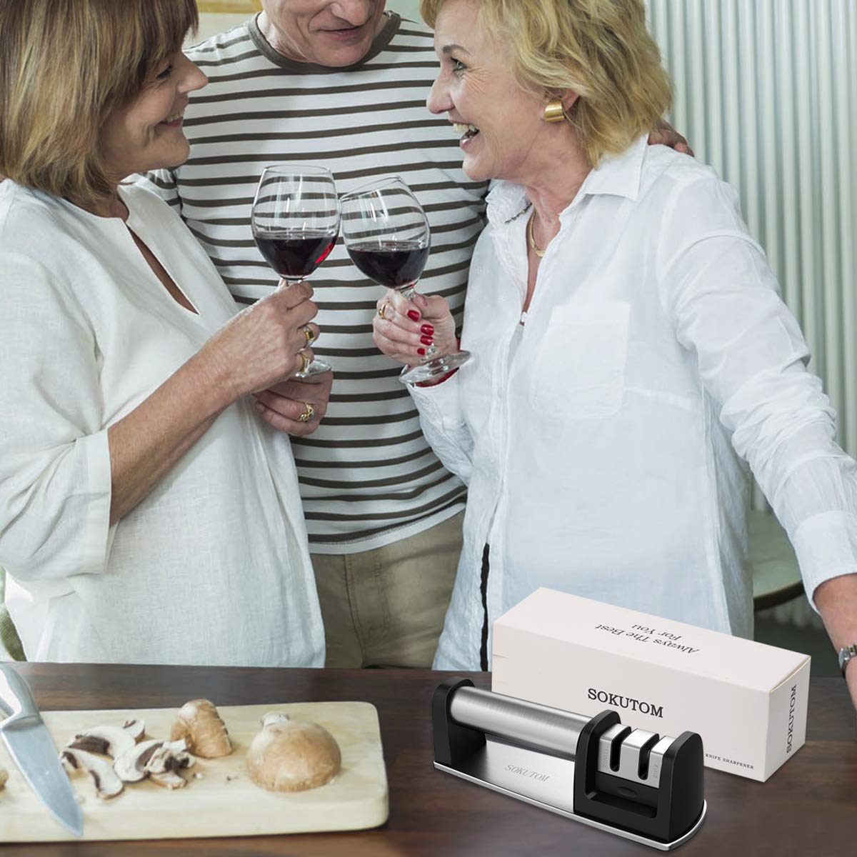 SOKUTOM Knife Sharpener for All Straight and Serrated Knives, Stainless Steel Ceramic and Tungsten, Safe and Easy to Use Kitchen Knife Sharpener, Sharpens Scissors