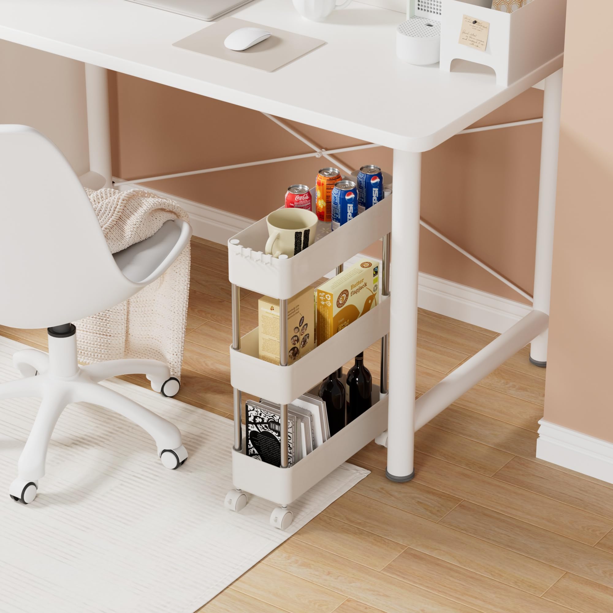 VECELO 3-Tier Clear Rolling Storage Cart,Acrylic Bathroom Utility Cart Kitchen Storage Organizers,Mobile Carts with 2 Lockable Wheels&Hooks for Livingroom Office Home,Clear