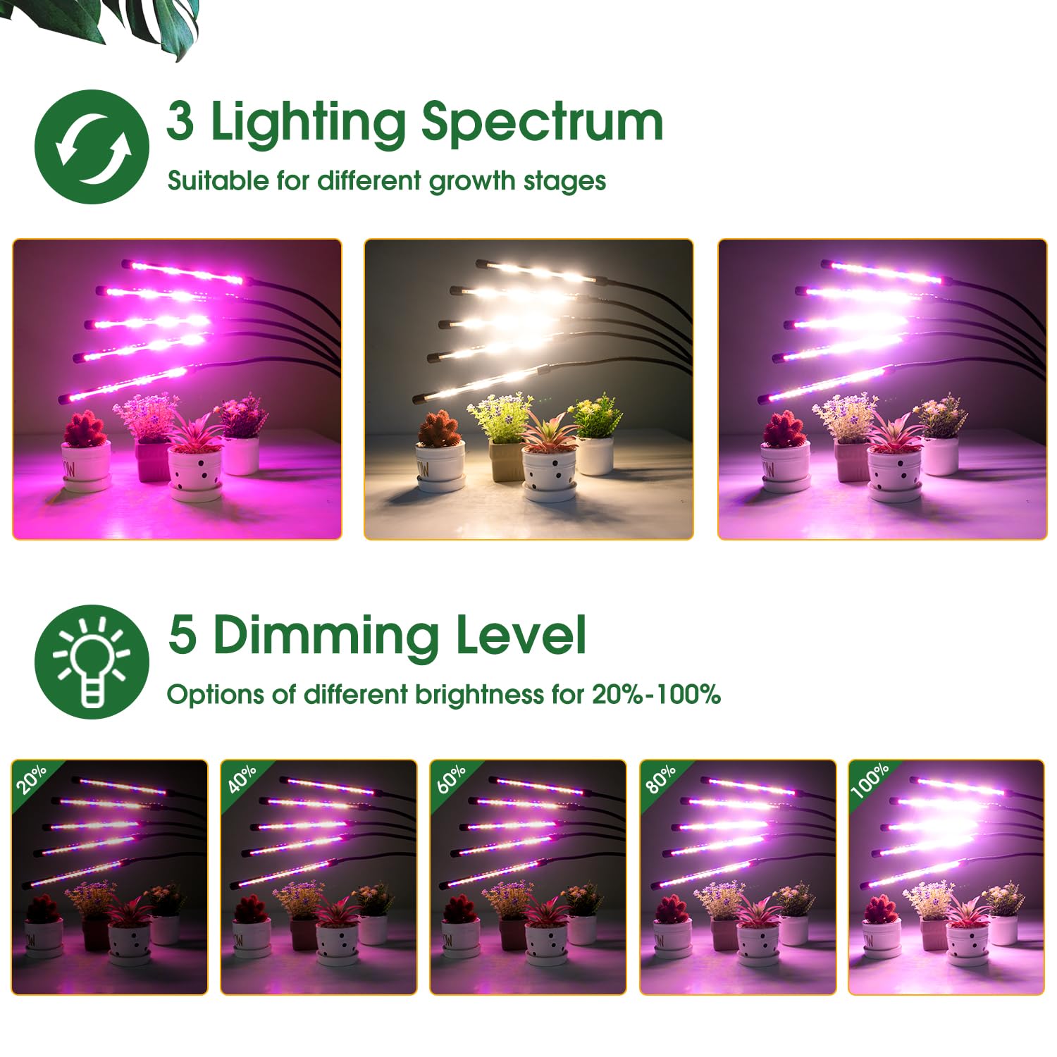 Wolezek Grow Lights for Indoor Plants, Full Spectrum LED Plant Grow Light with Adjustable Stand and Sturdy Clip, 5-Heads Plant Light with Auto 6/12/16H Timer, 3 Light Modes, 5 Levels Dimmable
