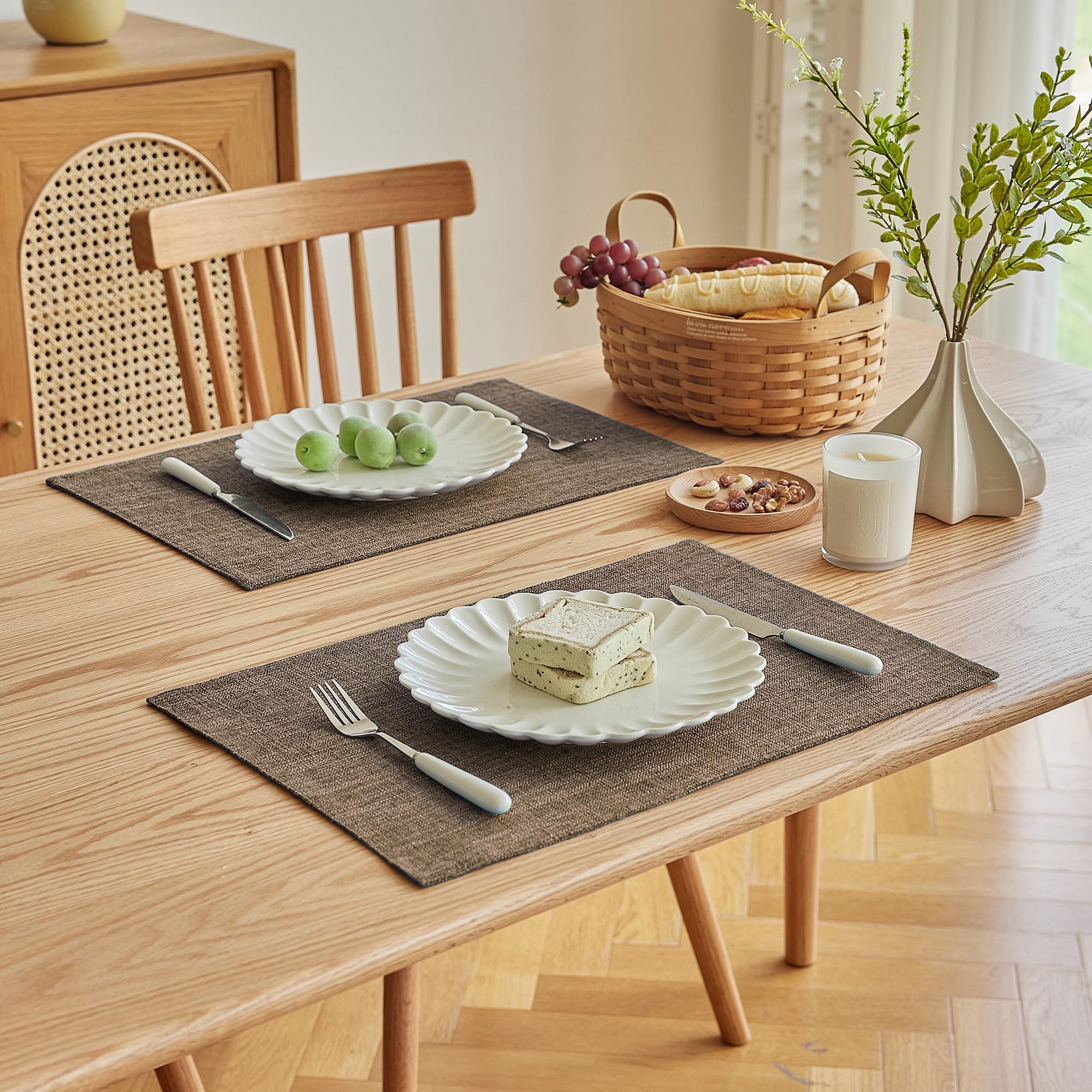 Softalker Faux Linen Placemats Set of 6-12 x 18 Inch, Heat Resistant Double Layered Durable Burlap Farmhouse Place Mats, Non-Slip Washable Rustic Table Mats for Dining, Kitchen, Party(Brown