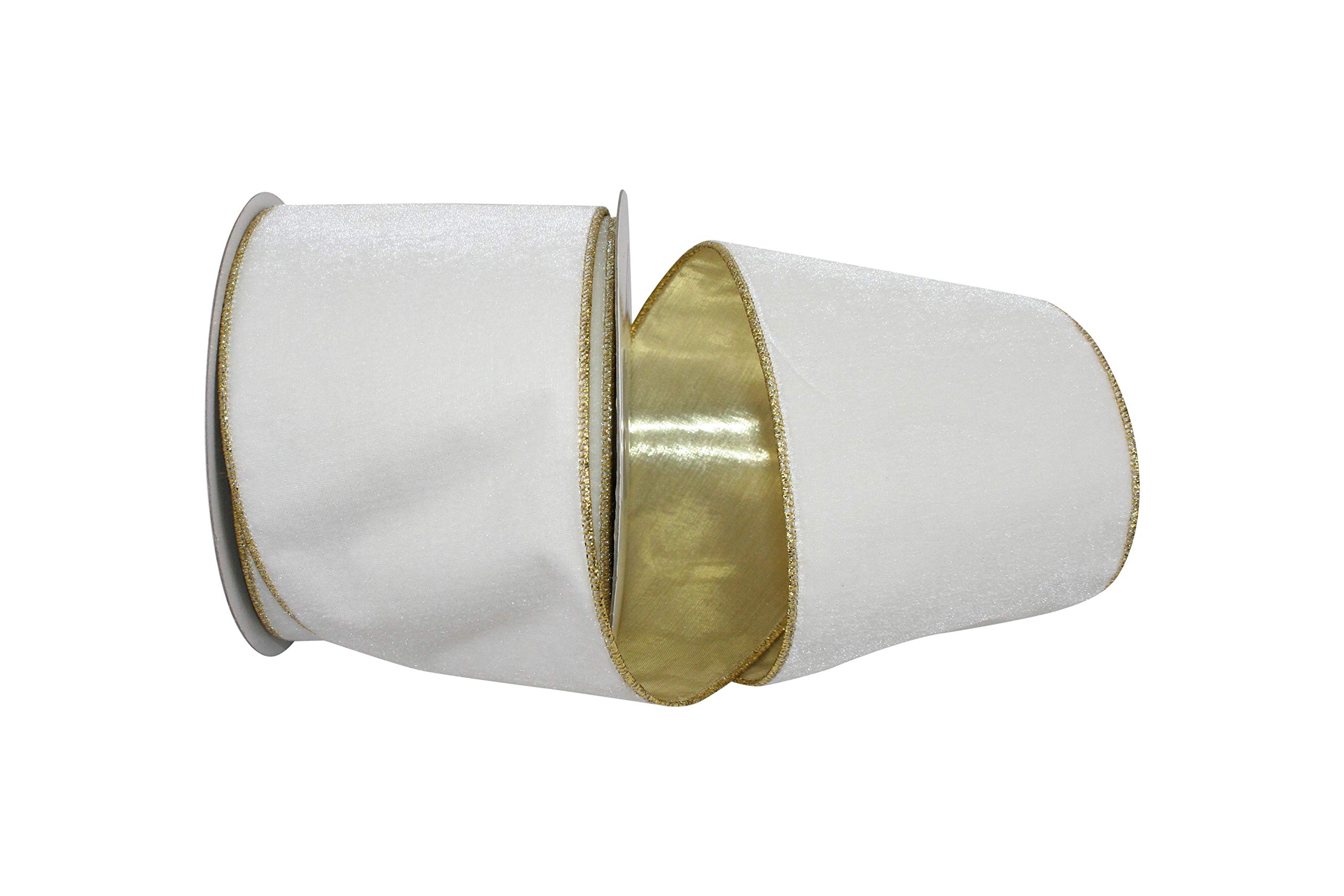 Reliant Ribbon Plush Metallic Backed Velvet Wired Edge Ribbon, 4 Inch X 10 Yards, Ivory/gold