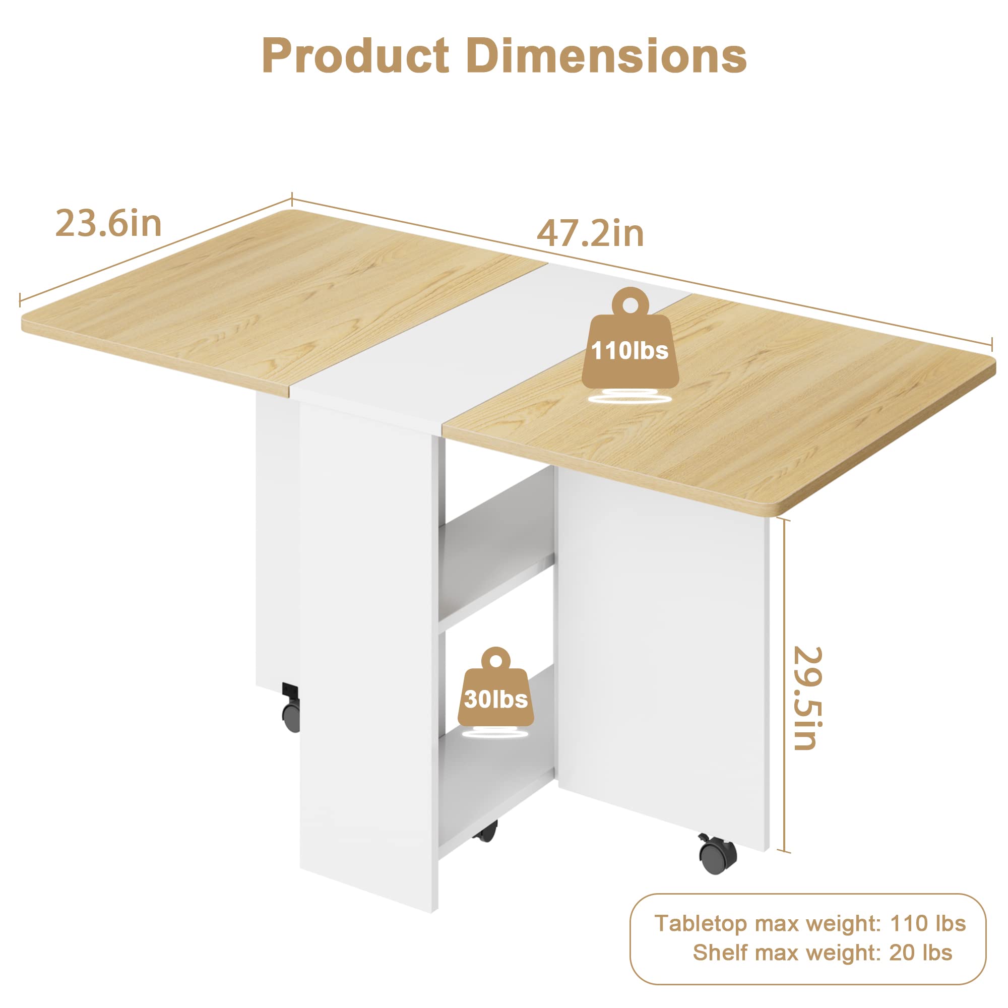 Space Saving Folding Dining Table with 2 Tier Storage-Extendable Drop Leaf Farmhouse Wood Kitchen Dining Room Tables Set for 4, Collapsible Expandable Rectangle Dinner Kitchen Office Furniture