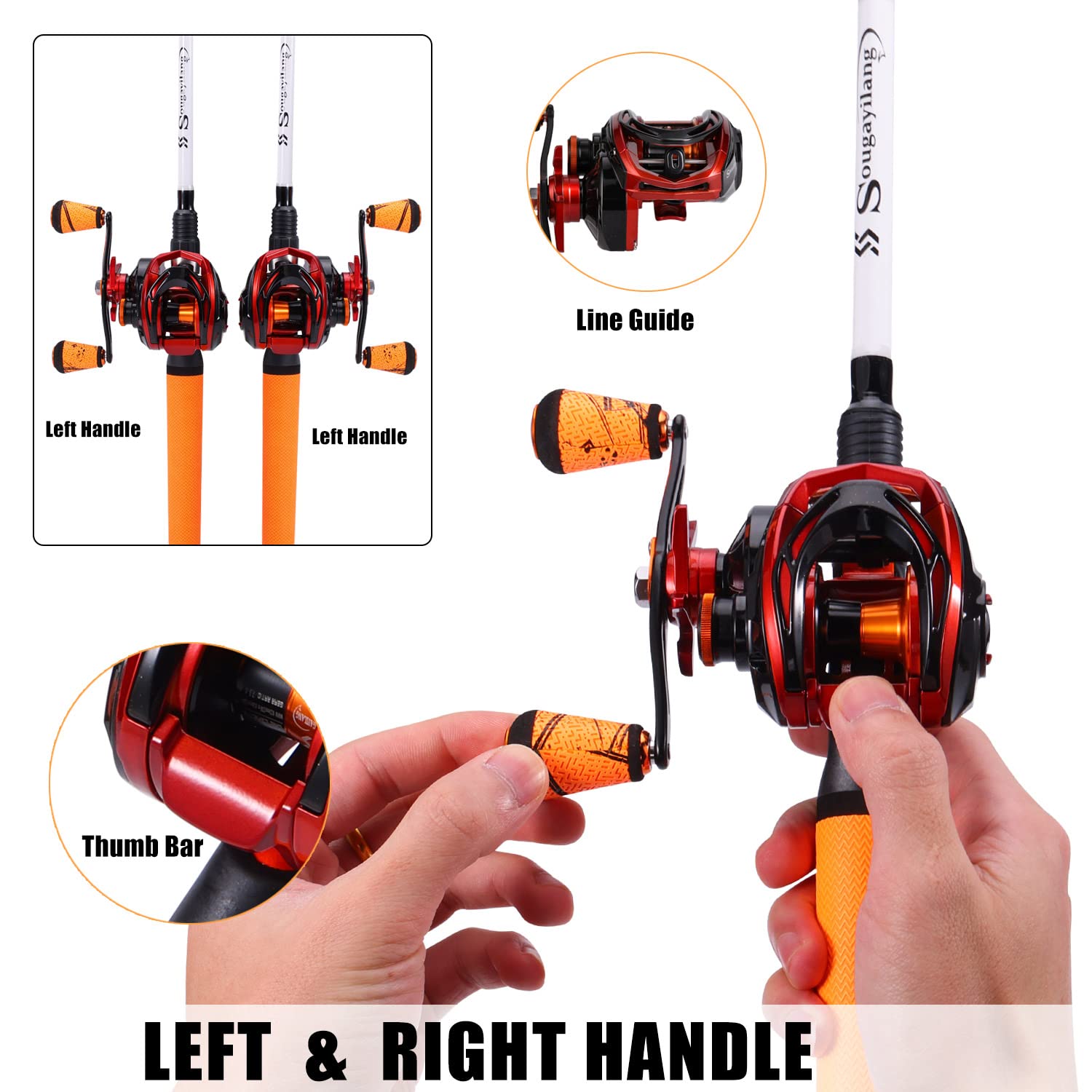 Sougayilang Fishing Rod and Reel Combo, Medium Fishing Pole with Casting Reel, Baitcaster Combo, SuperPolymer Handle-Orange-6ft with right handle reel