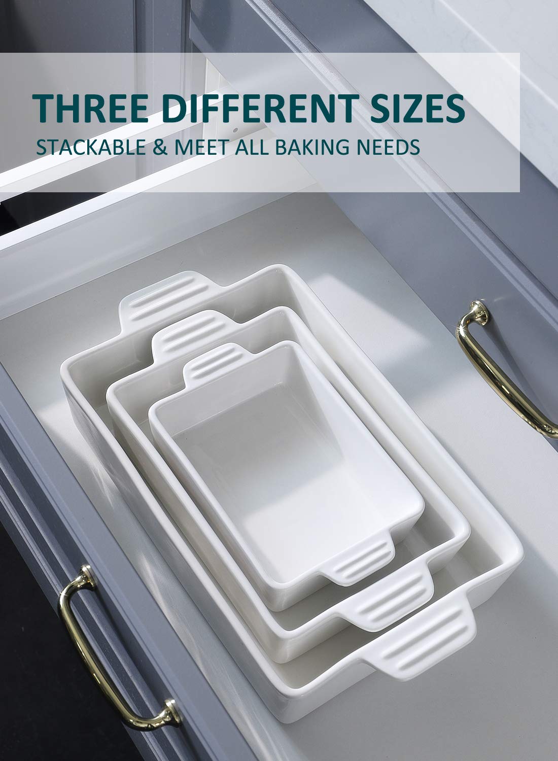 Teocera Porcelain Baking Dish, Casserole Dish, Rectangular Bakeware Set, Lasagna Pans for Cooking, Kitchen, Dinner Parties, Double Handle, Set of 3, White