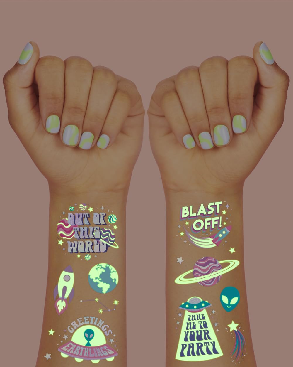 xo, Fetti Space + Planets Glow in Dark Temporary Tattoos for Kids - 50 pcs | Alien Birthday Party Supplies, Astronaut Favors + Rocket ship Decorations