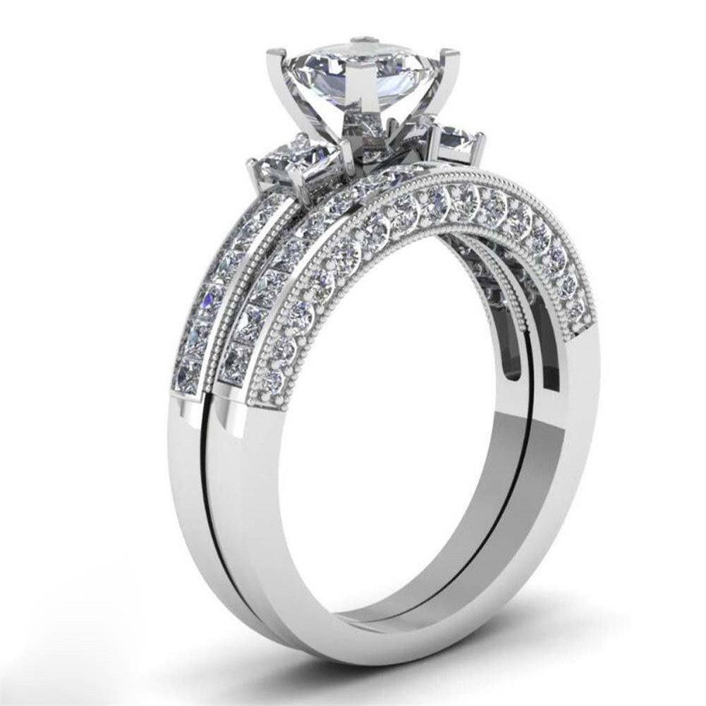 Two Rings His Hers Wedding Ring Sets Couples Matching Rings Women's 2pc White Gold Filled Square CZ Wedding Engagement Ring Bridal Sets & Men's Titanium Wedding Band