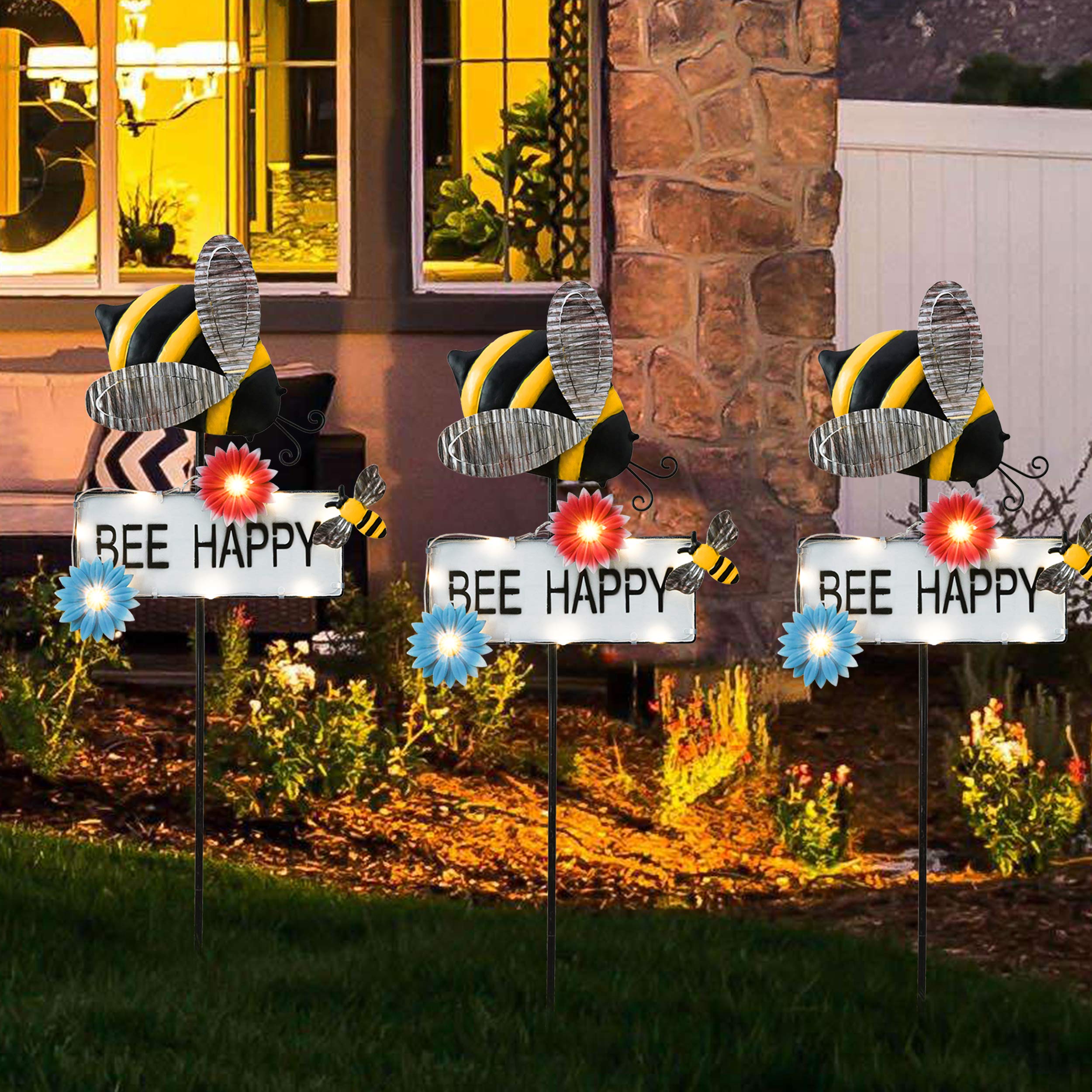 TERESA'S COLLECTIONS Metal Bee Garden Decor Solar Light Stake with Plaque, Decorative Solar Pathway Lights for Outdoor Yard Lawn Patio Decorations, 39inch/100cm Tall