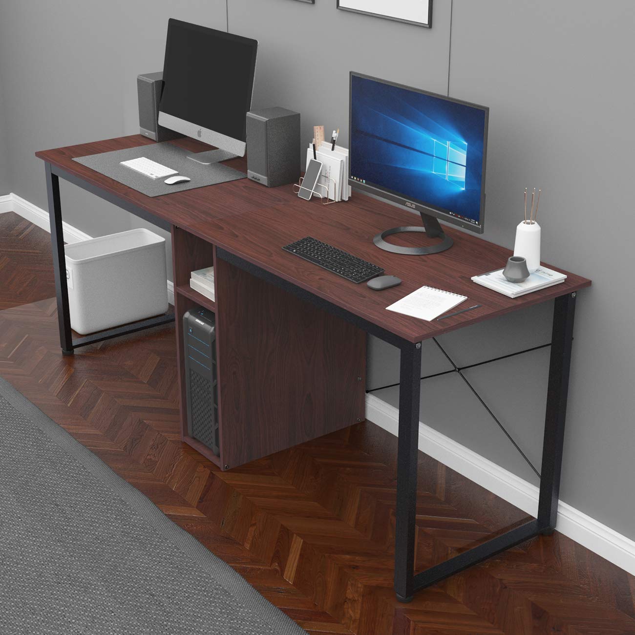 SogesHome Large Double Workstation Desk 2 Person Computer Desk Writing Desk Home Office Desk with Storage Shelf, Walnut, LD-H01-WA